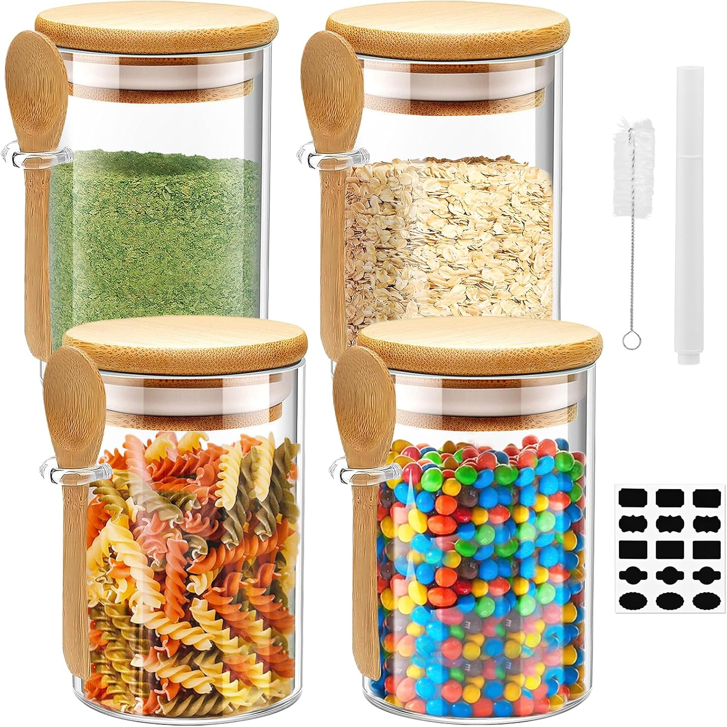 Yibang Glass Jars with Airtight Lid and Spoon, 4Pcs Glass Kitchen Storage Jars 4 x 600ml Spice ...