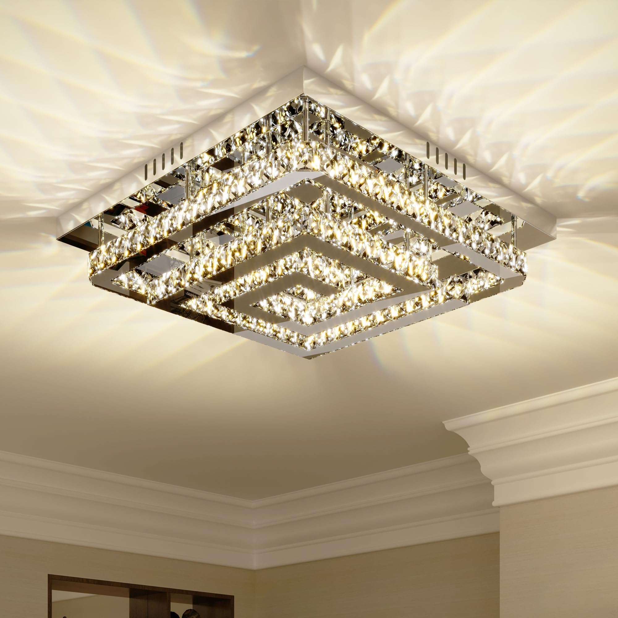 24" Large Elegant Crystal Chandelier, Modern Led 3 Color Dimmable ...