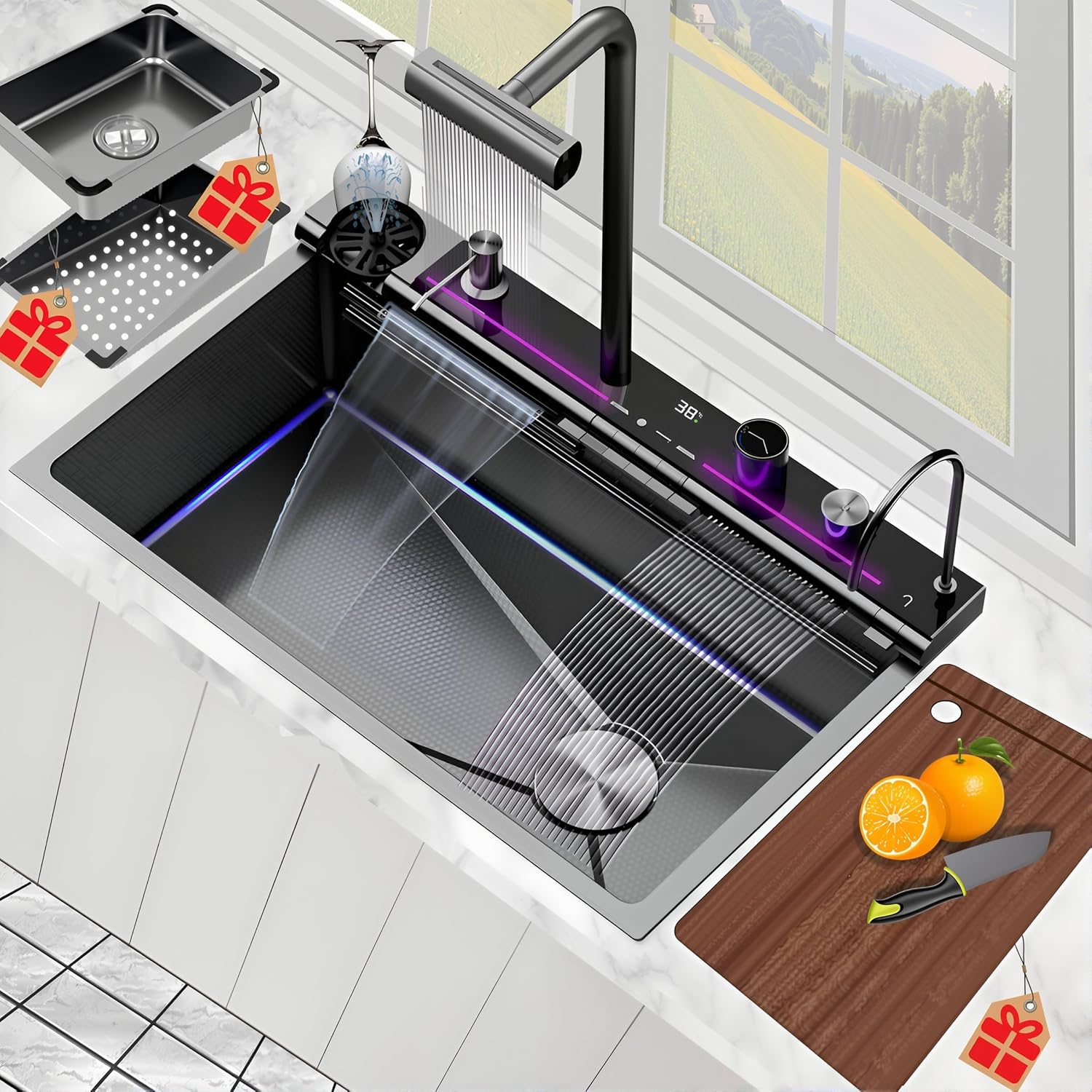 Kitchen Sink, Smart Waterfall Sinks Drop In Workstation with Cup Washer ...