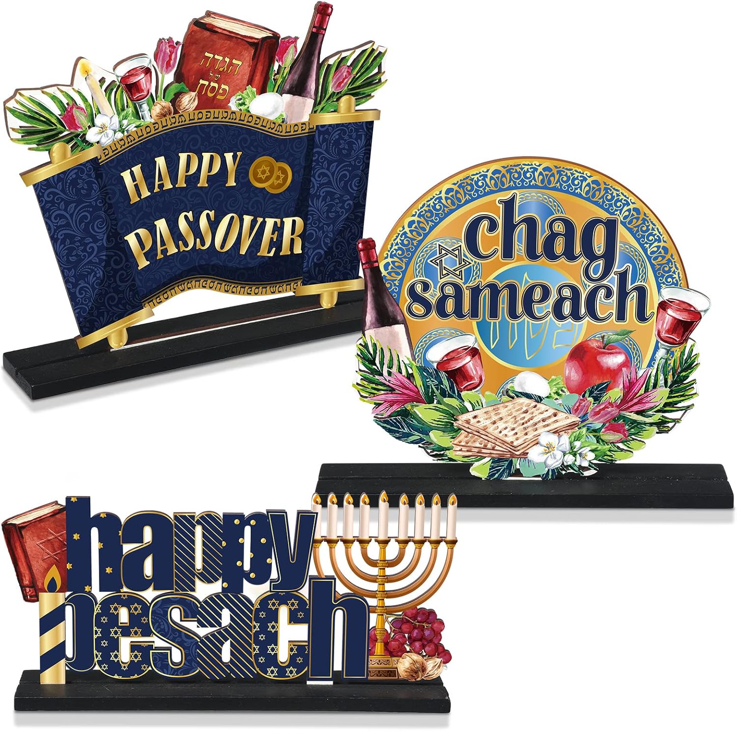 Amazon.com: Qunclay 3 Pcs Happy Passover Wooden Centerpiece Sign Chag ...
