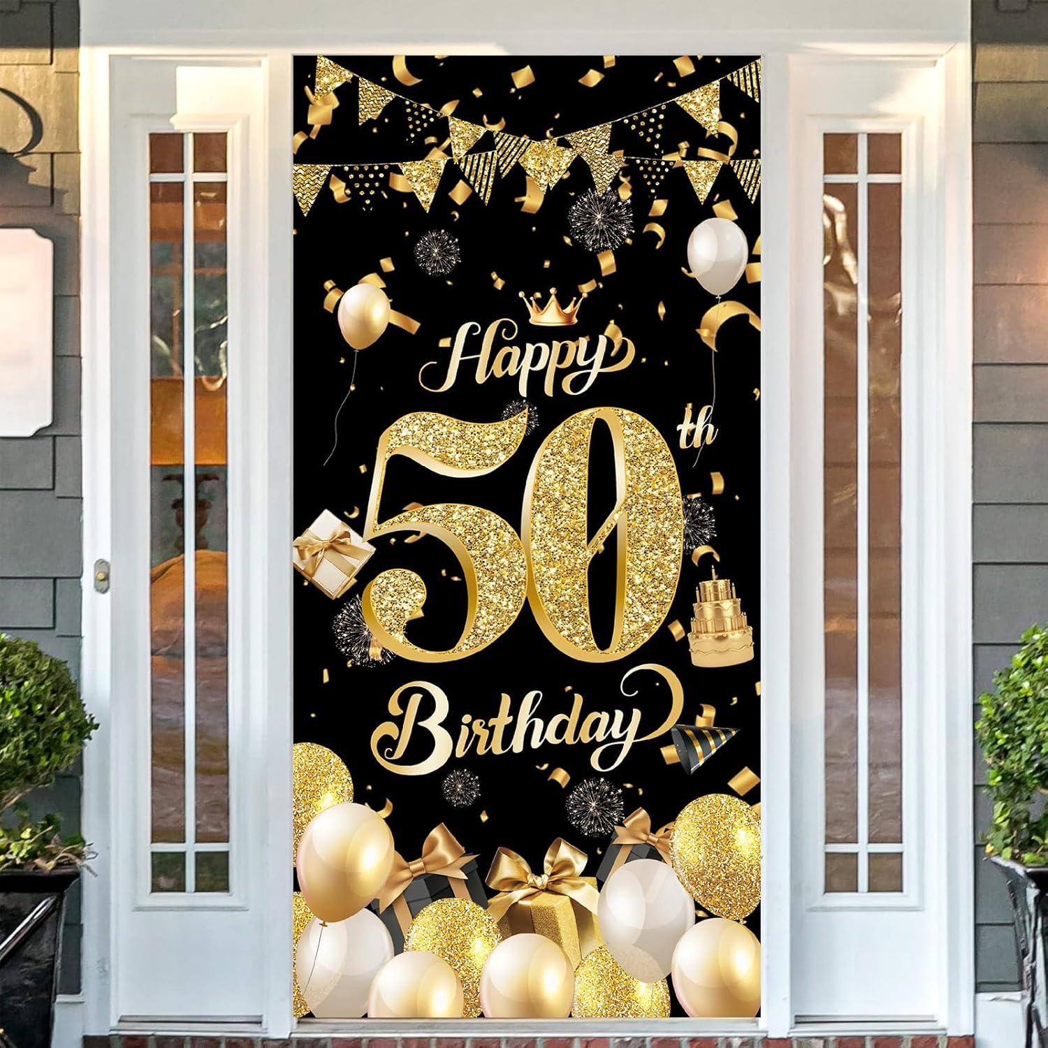 50th Birthday Door Banner,Black Gold 50th Birthday Decorations,Happy ...