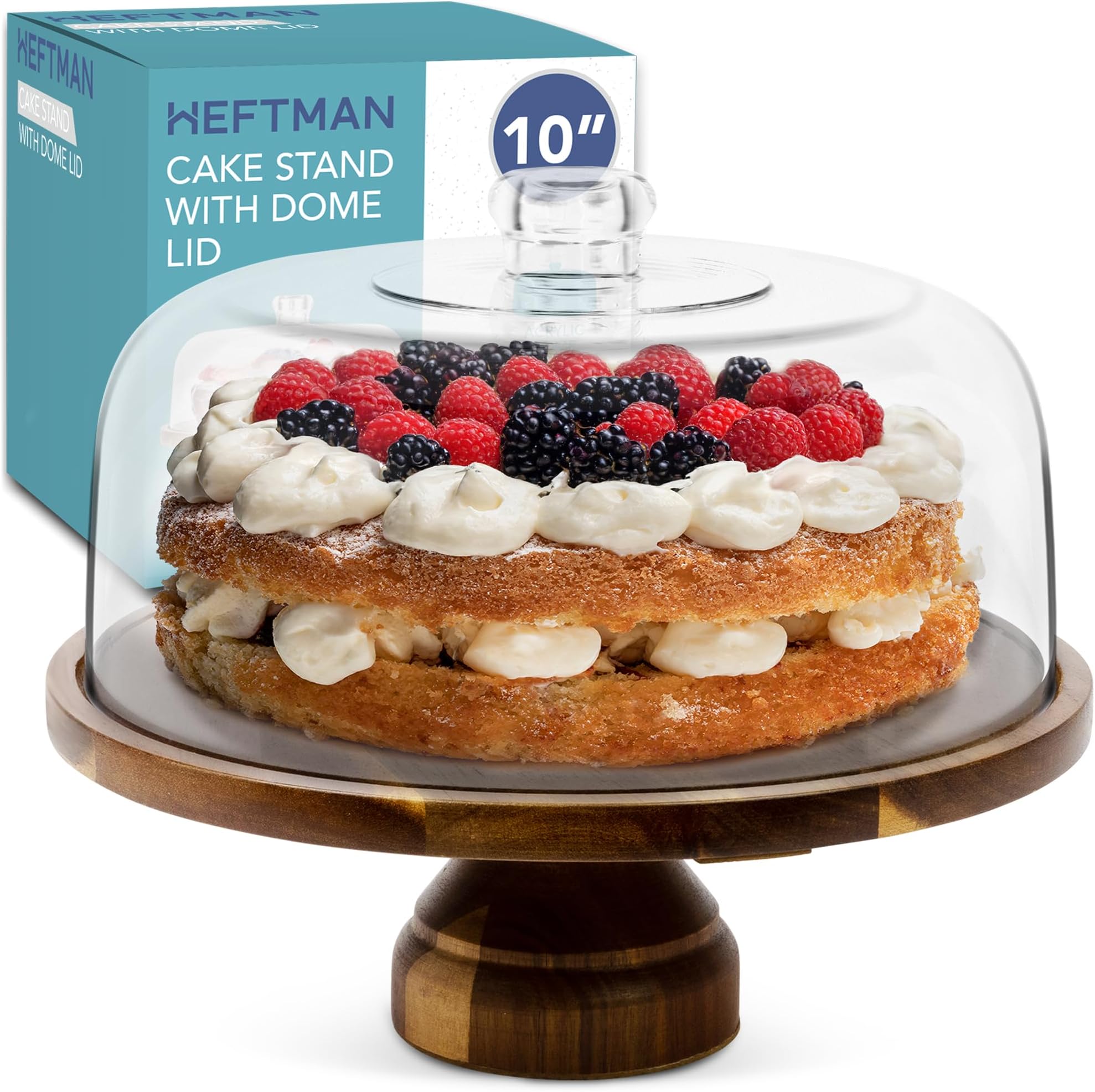 HEFTMAN 10" Cake Stand with Dome Lid - 2-in-1, Non-Slip Acacia Wood ...
