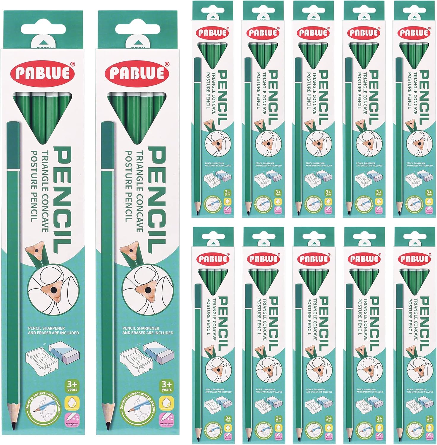 PABLUE HB Graphite Pencils, Triangular Concave Grip Pencils, Fat, Thick ...