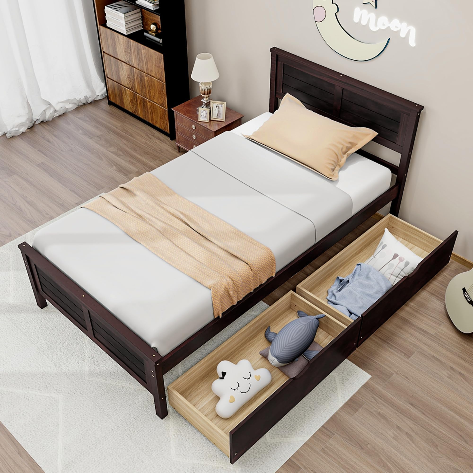 Amazon.com: KOMFOTT Twin Size Wood Bed Frame with 2 Storage Drawers ...