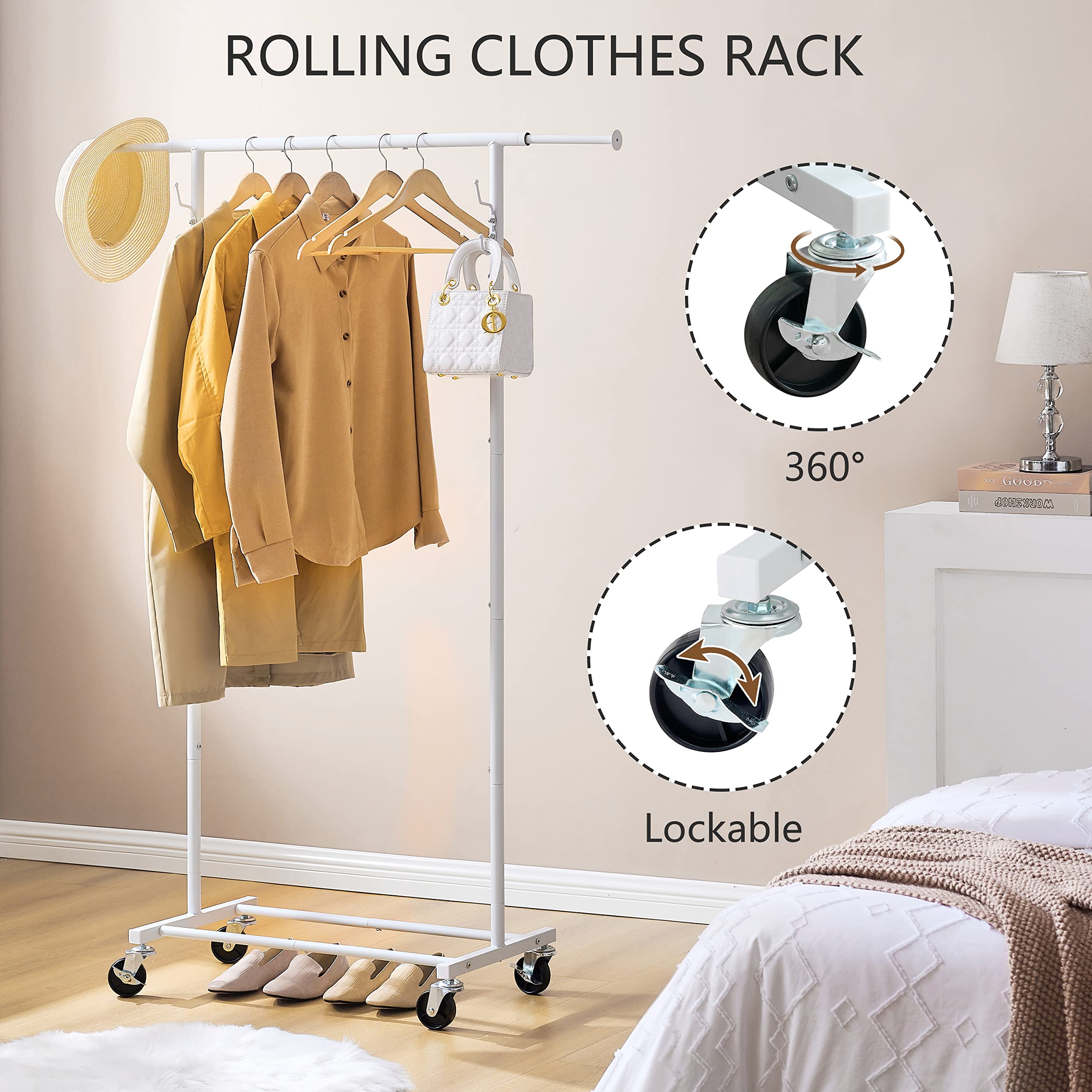 Snapklik Gewudraw White Rolling Garment Rack Portable Double Rod