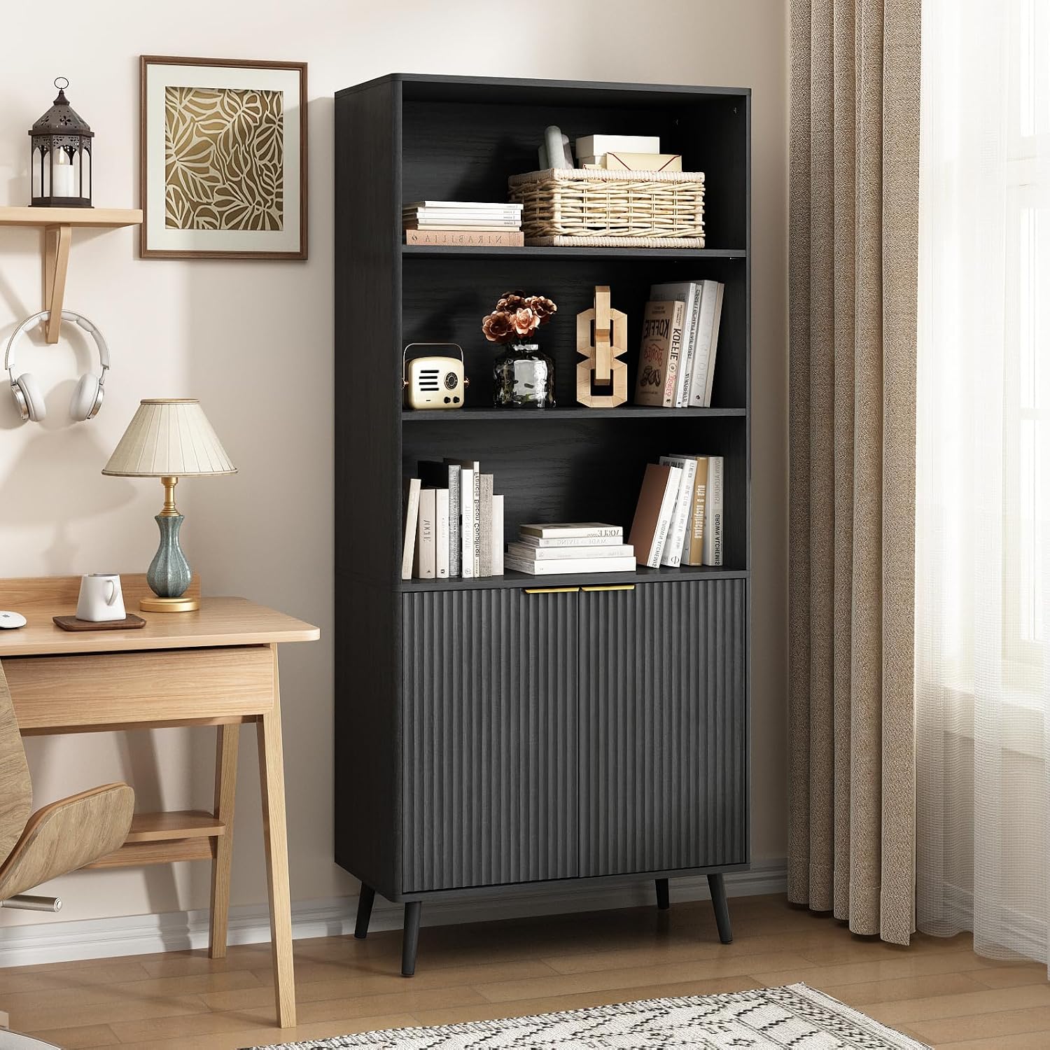 Amazon.com: CARPETNAL Black Bookcase with Fluted Doors, 70.9" Tall 5 ...