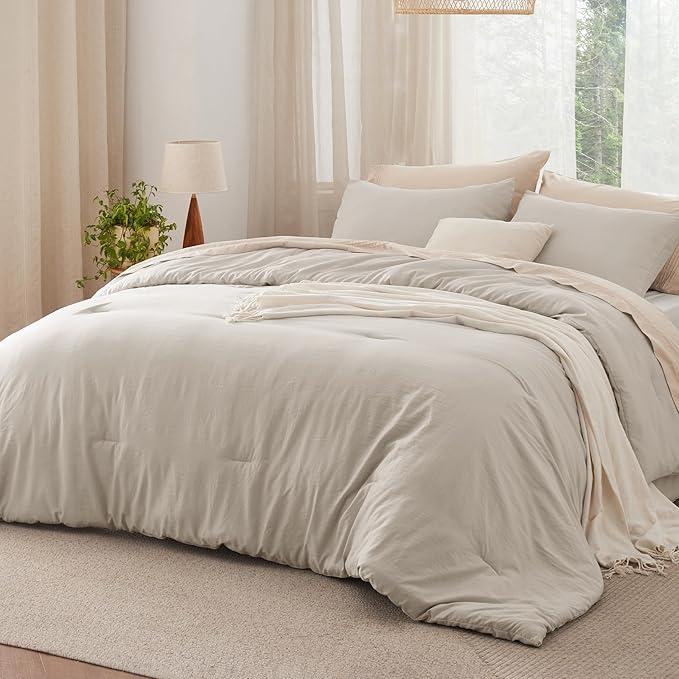 Amazon.com: Bedsure Queen Size Comforter Set, Oatmeal Soft Prewashed ...