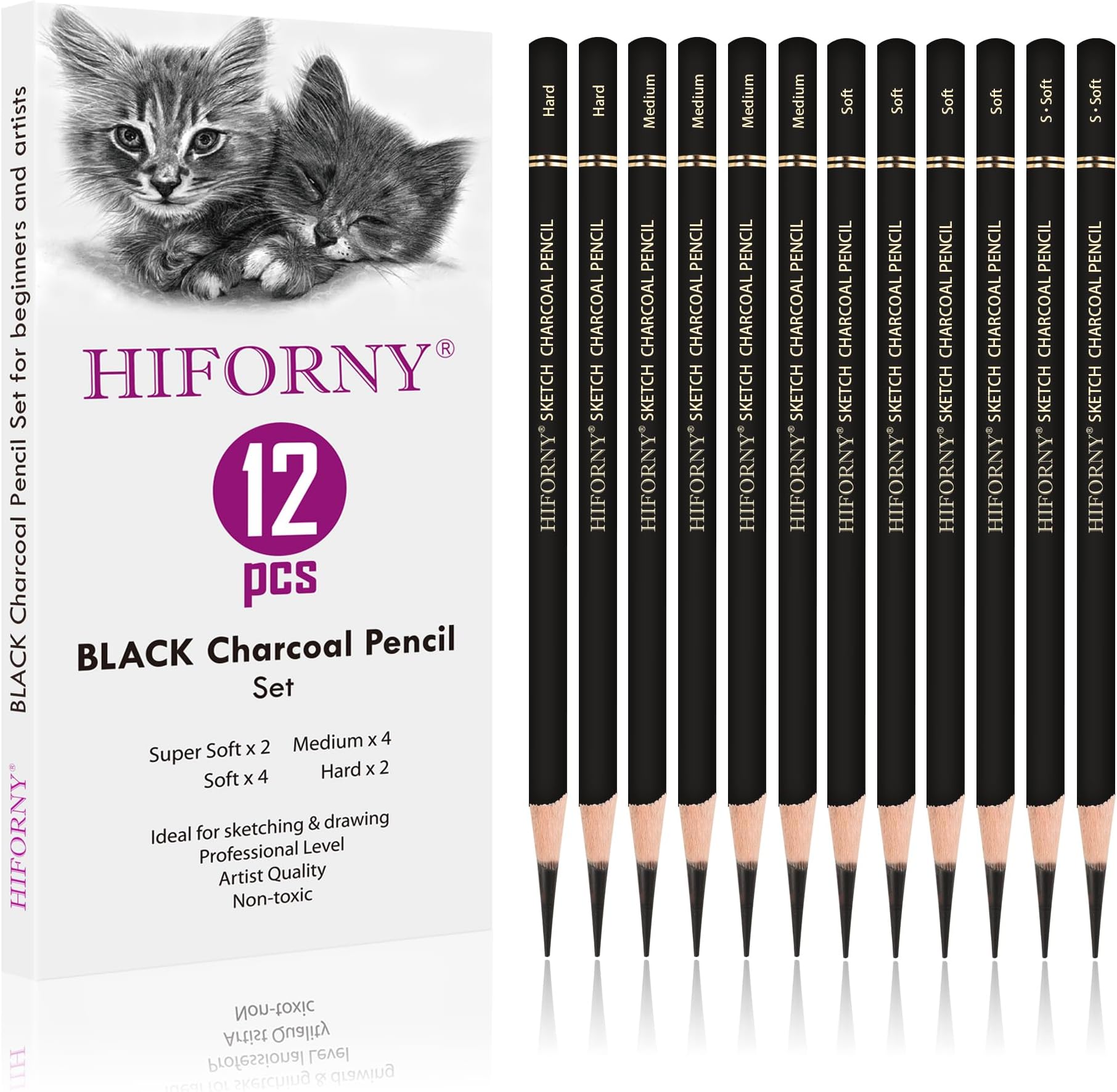 HIFORNY 12 Pieces Charcoal Pencils Drawing Set - Super Soft,Soft,Medium ...