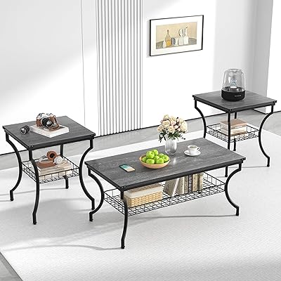 Amazon.com: Lamerge 3 Pieces Living Room Table Set, Industrial Coffee ...