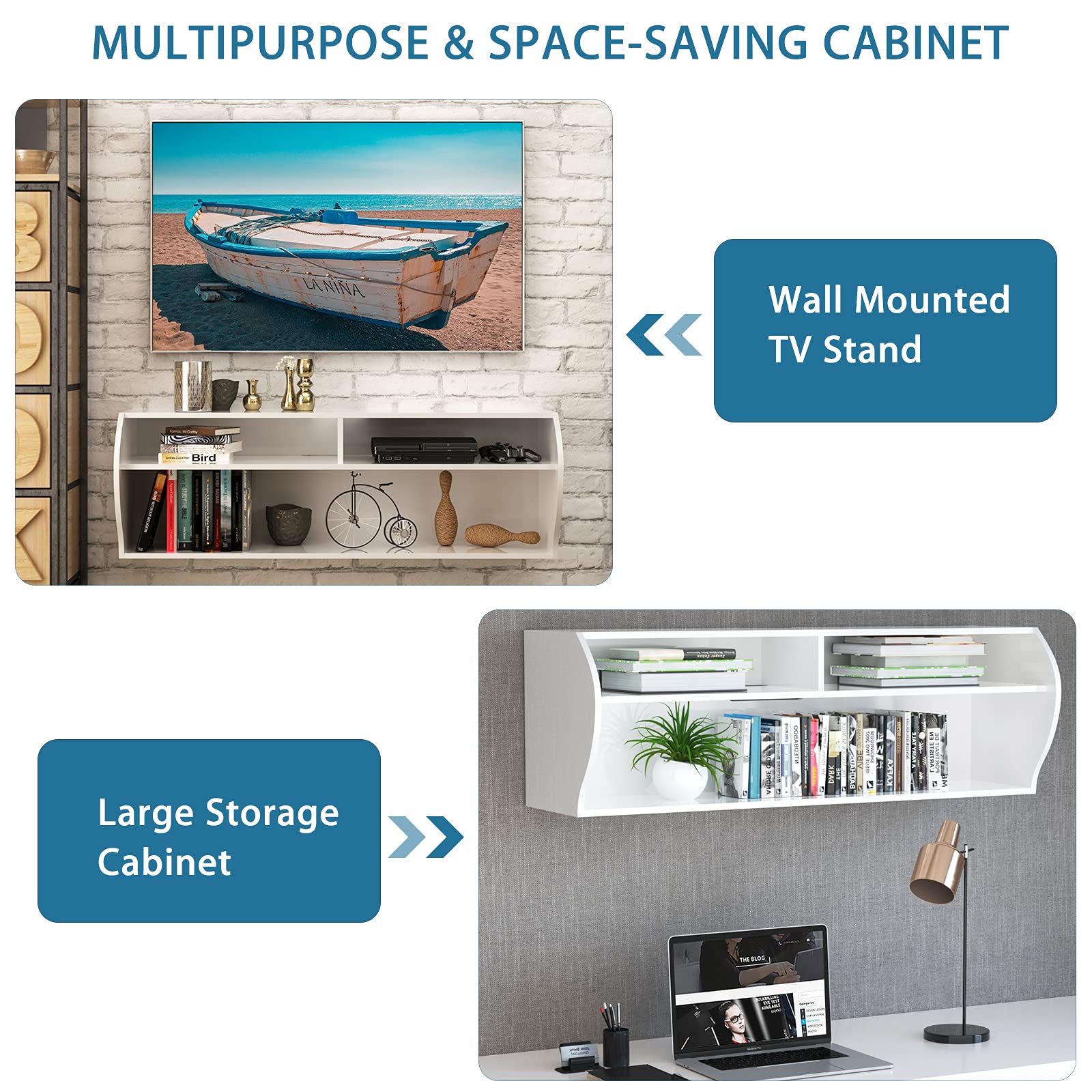 Tangkula Wall Mounted Media Console, Floating TV Stand Cabinet, 2 Tier ...