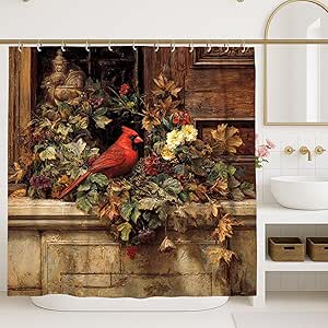 Amazon.com: Cardinal Bird Shower Curtain, Vibrant Red Botanical ...