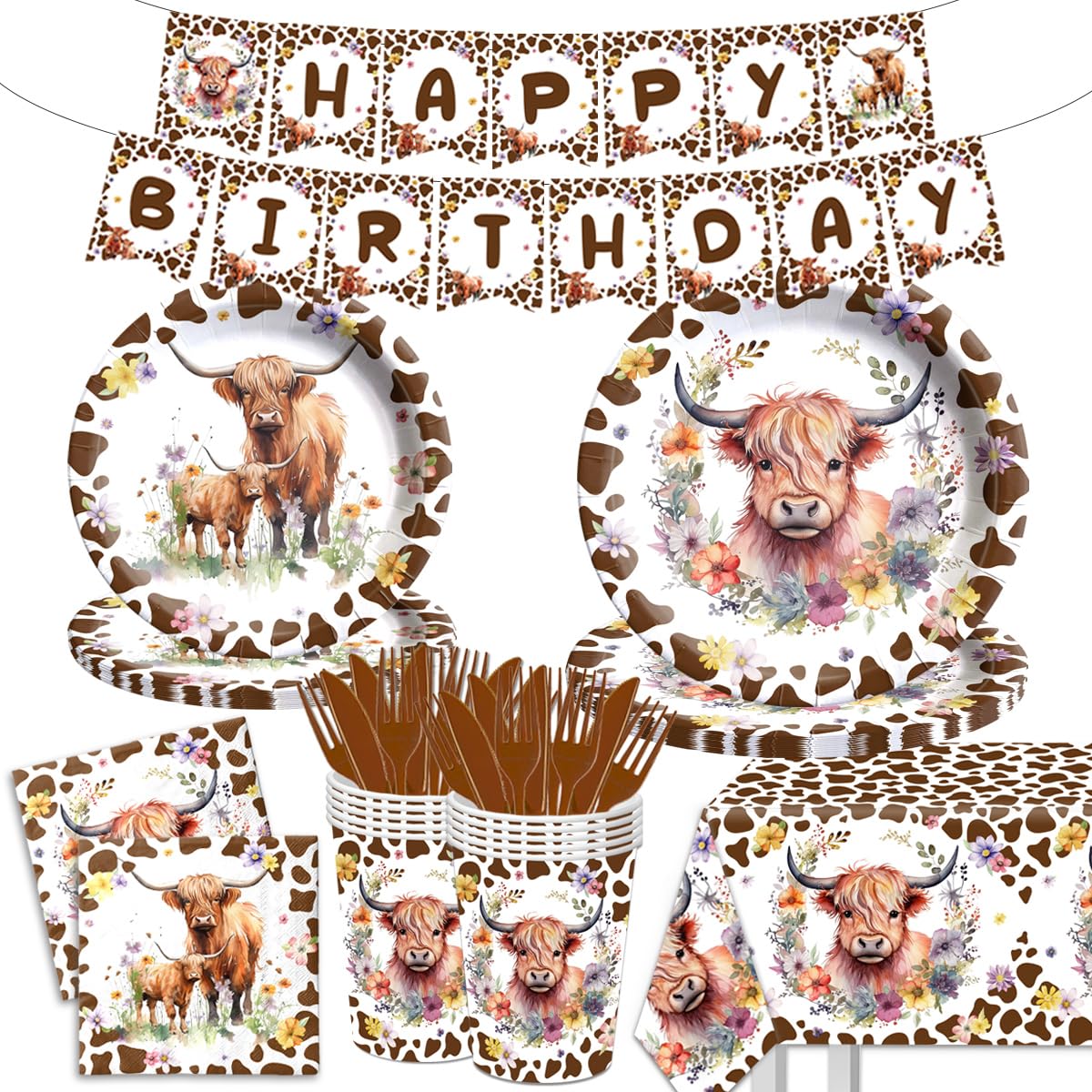 Amazon.com: Highland Cow Birthday Decorations-142Pcs Brown Cow Print ...