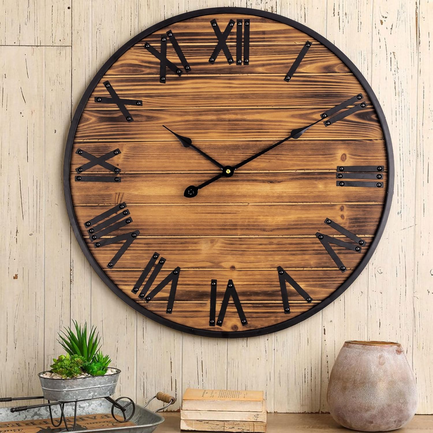 Amazon.com: Shedoo 24 Inch Large Wall Clock, Rustic Wall Clocks Battery ...