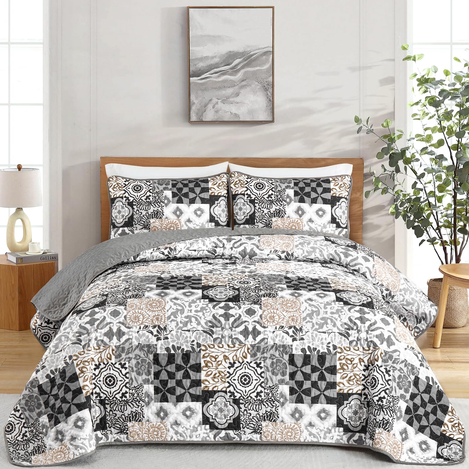 Amazon.com: Mybedsoul Grey Quilt Set King Size, 3 Pieces Patchwork ...