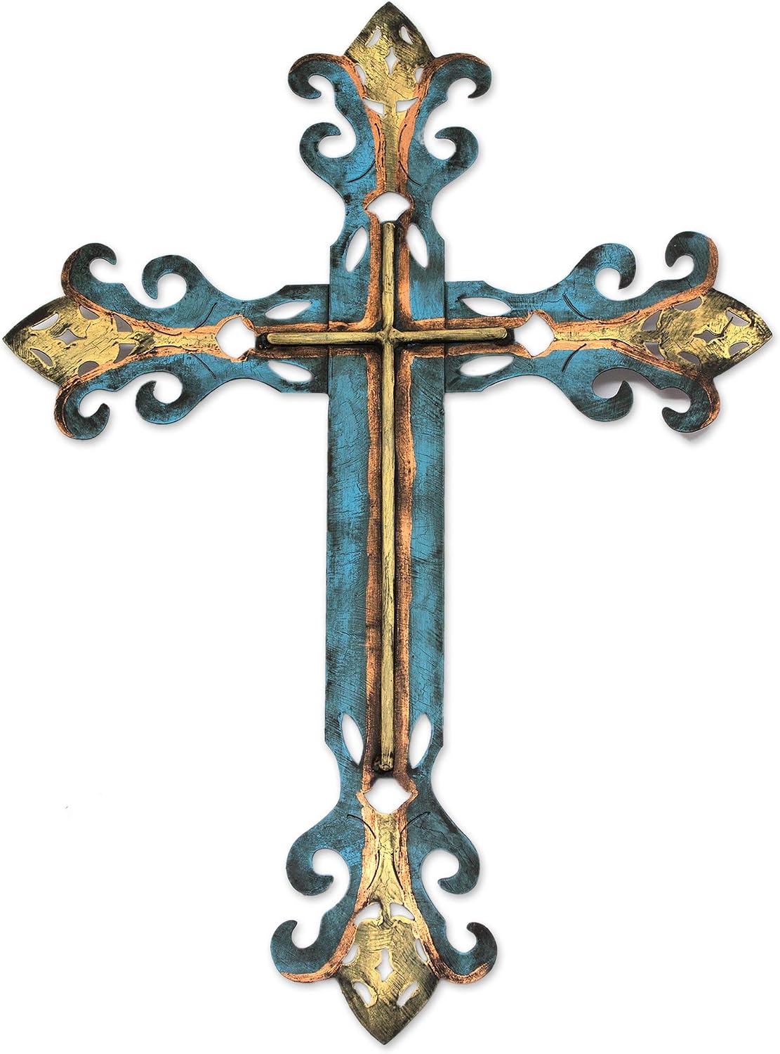 Amazon.com: NOVICA Hand Painted Blue and Gold Wall Mounted Steel Cross ...