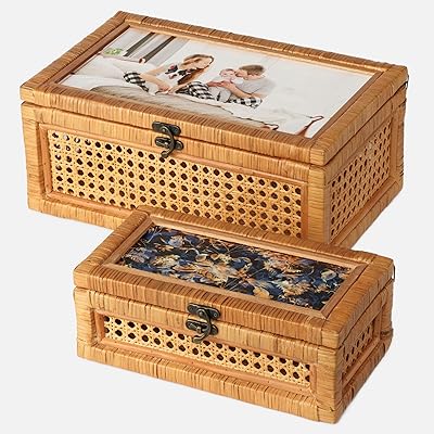 Amazon.com: JJSQ Rattan Box with Glass Lid Rattan Woven Basket with Lid ...