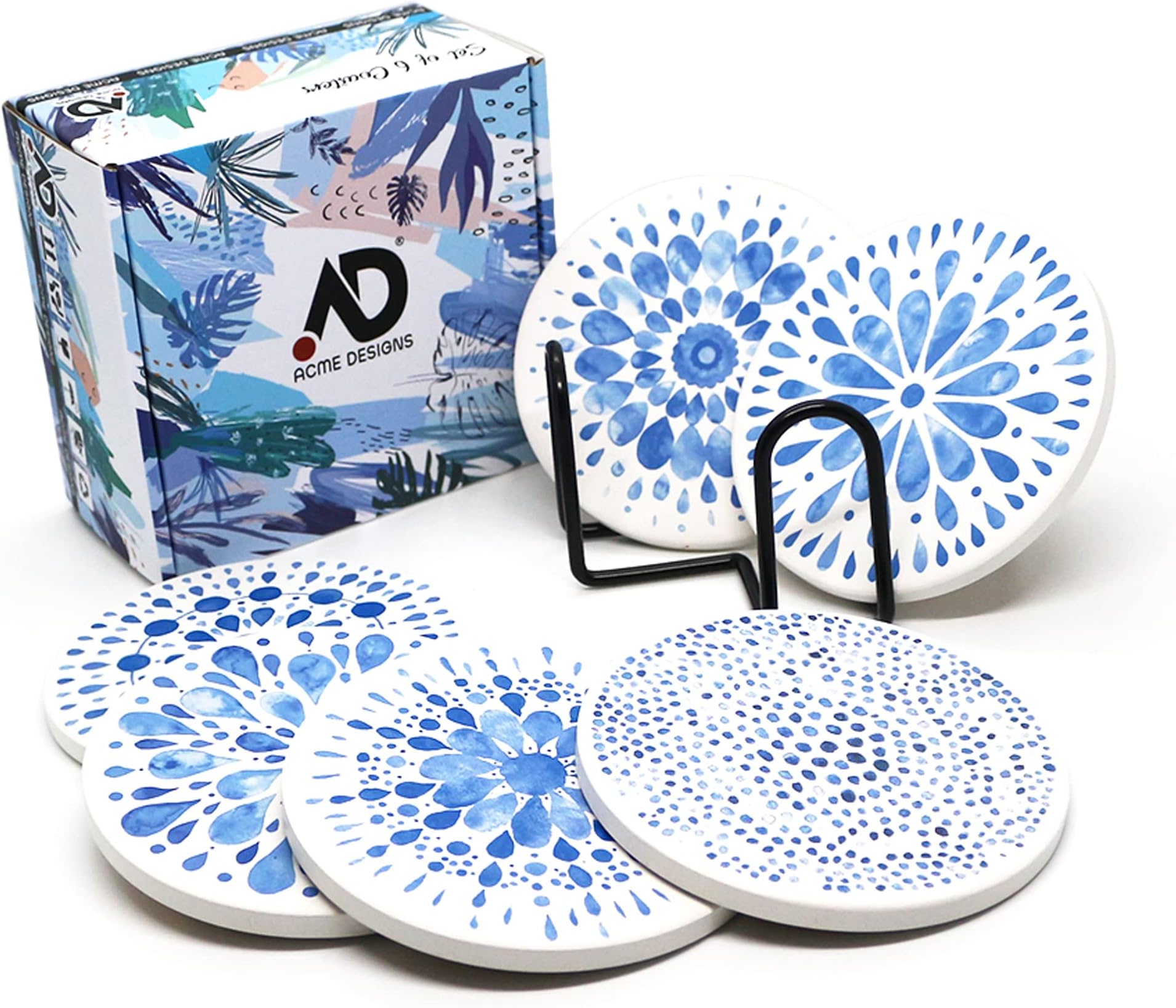 Amazon.com: Ceramic Drink Coasters - Includes 6 Handpainted Blue ...
