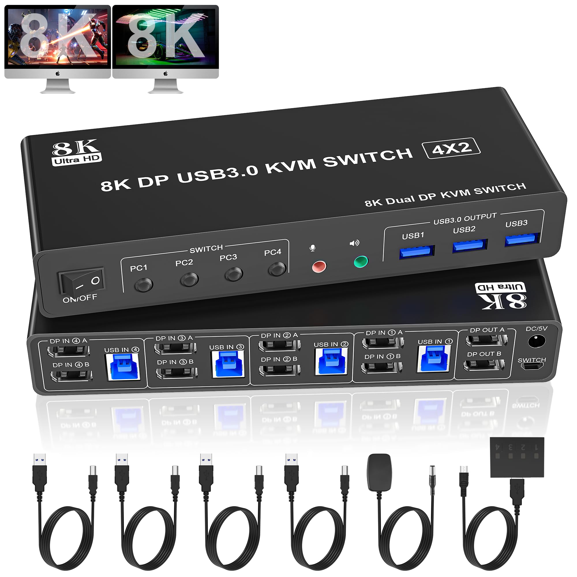 8K@60Hz Displayport USB3.0 KVM Switch 2 Monitor for 4 Computer, DP1.4 ...
