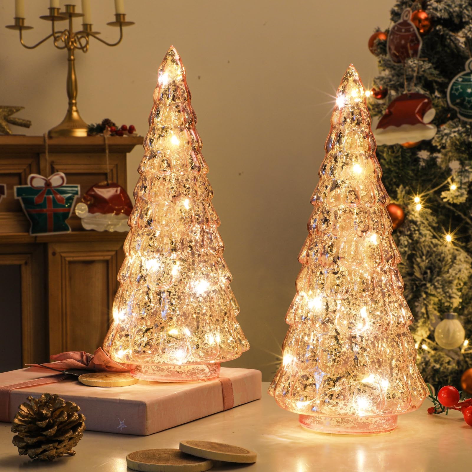 Amazon.com: 2PCS Pink Mercury Glass Christmas Tree with Light Table Top ...