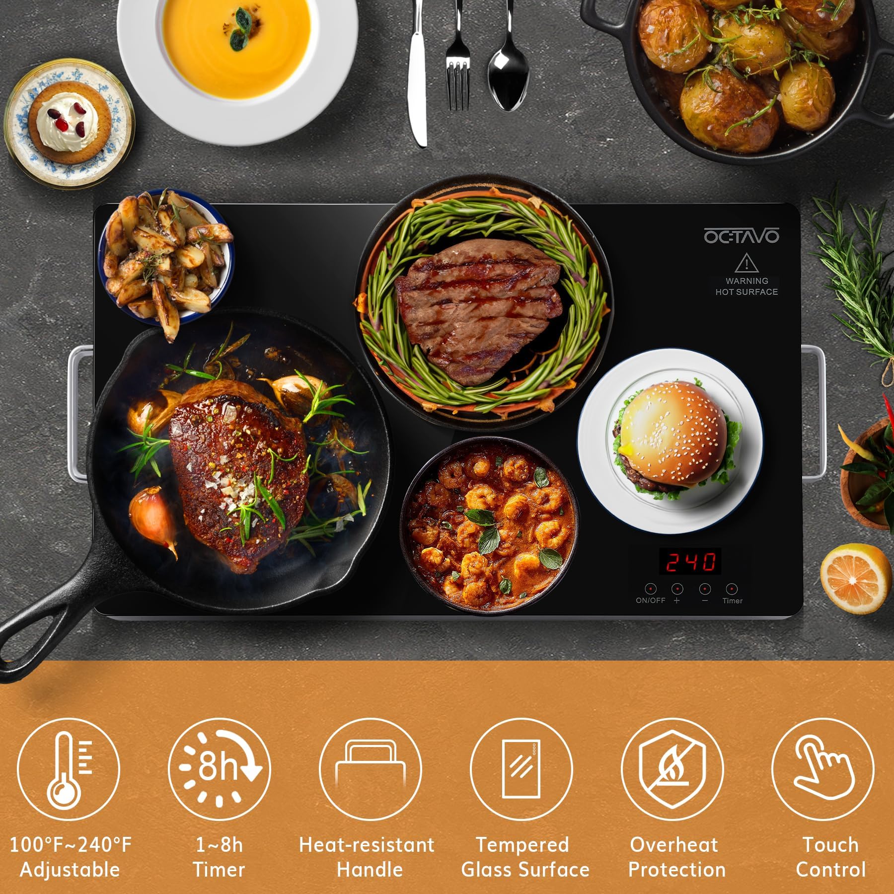 Octavo Electric Warming Tray, Tempered Glass Top Food Warmer Plate ...