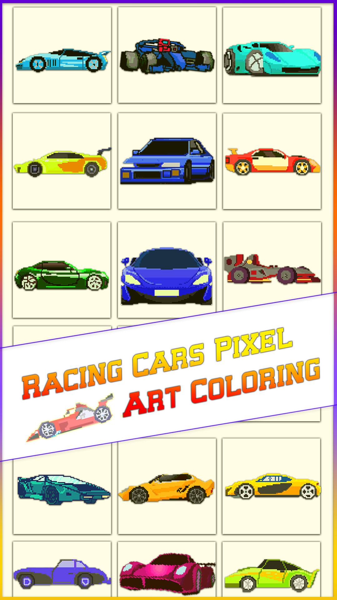 Racing Cars Pixel Art - Paint by Number, Sandbox Coloring Pages - App ...