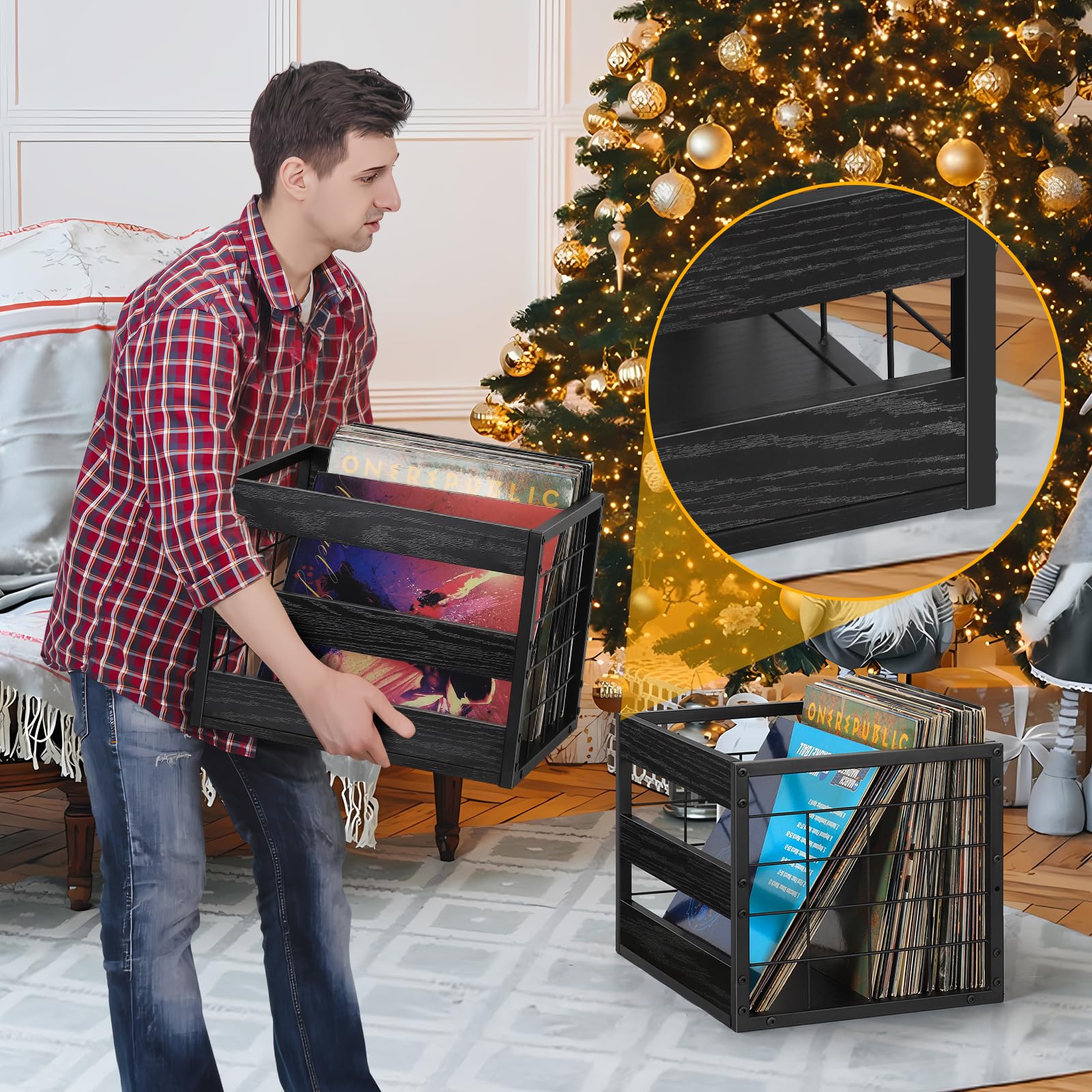 Snapklik.com : 2 Pack Vinyl Record Storage, Large Wood Metal LP Crate ...