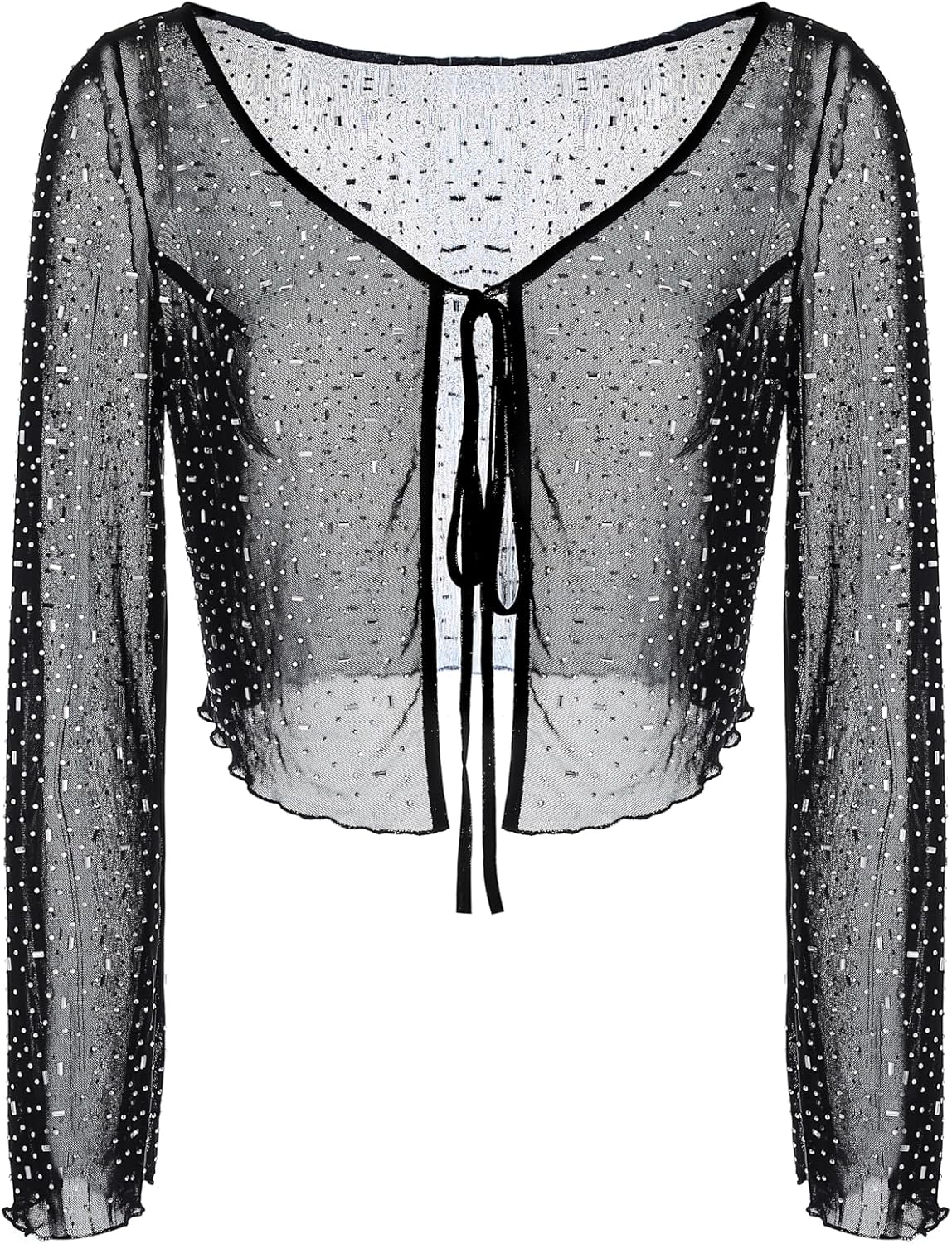 Edary Rhinestone Sheer Cardigan Tie Front Long Sleeve Top Mesh See ...