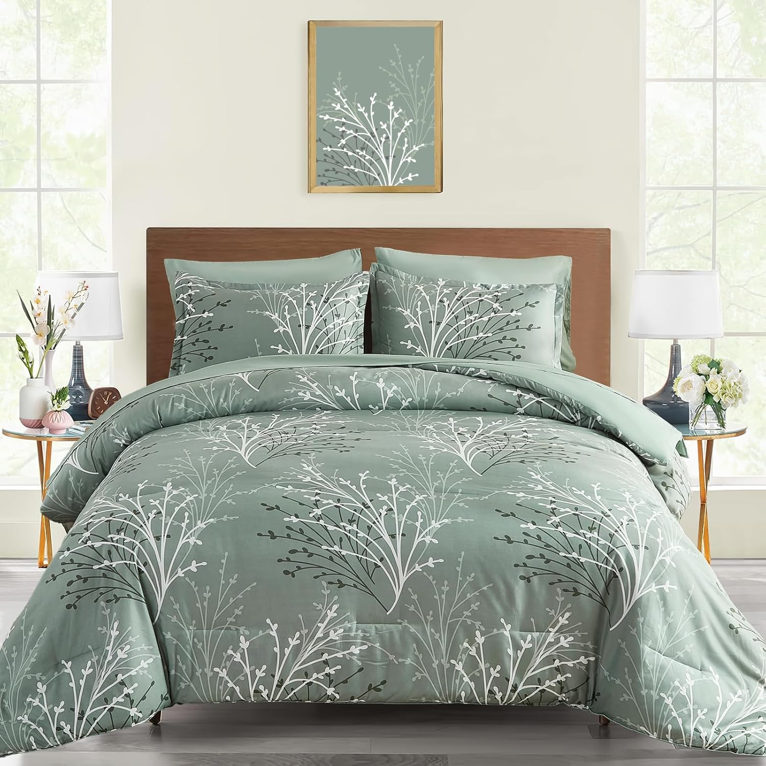 Amazon.com: DJY Sage Green Comforter Set Queen Size Branch Botanical 7 ...