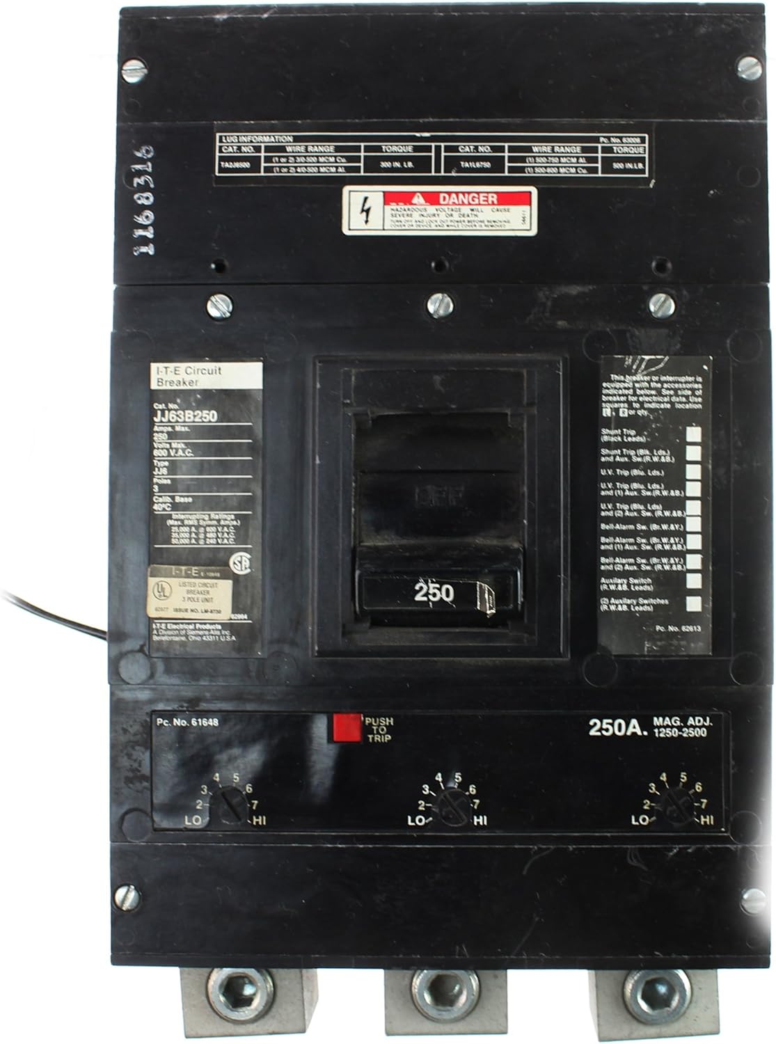 ITE Electrical JJ63B250 JJ Type Circuit Breaker, 250-Amp, 600VAC, 3 ...