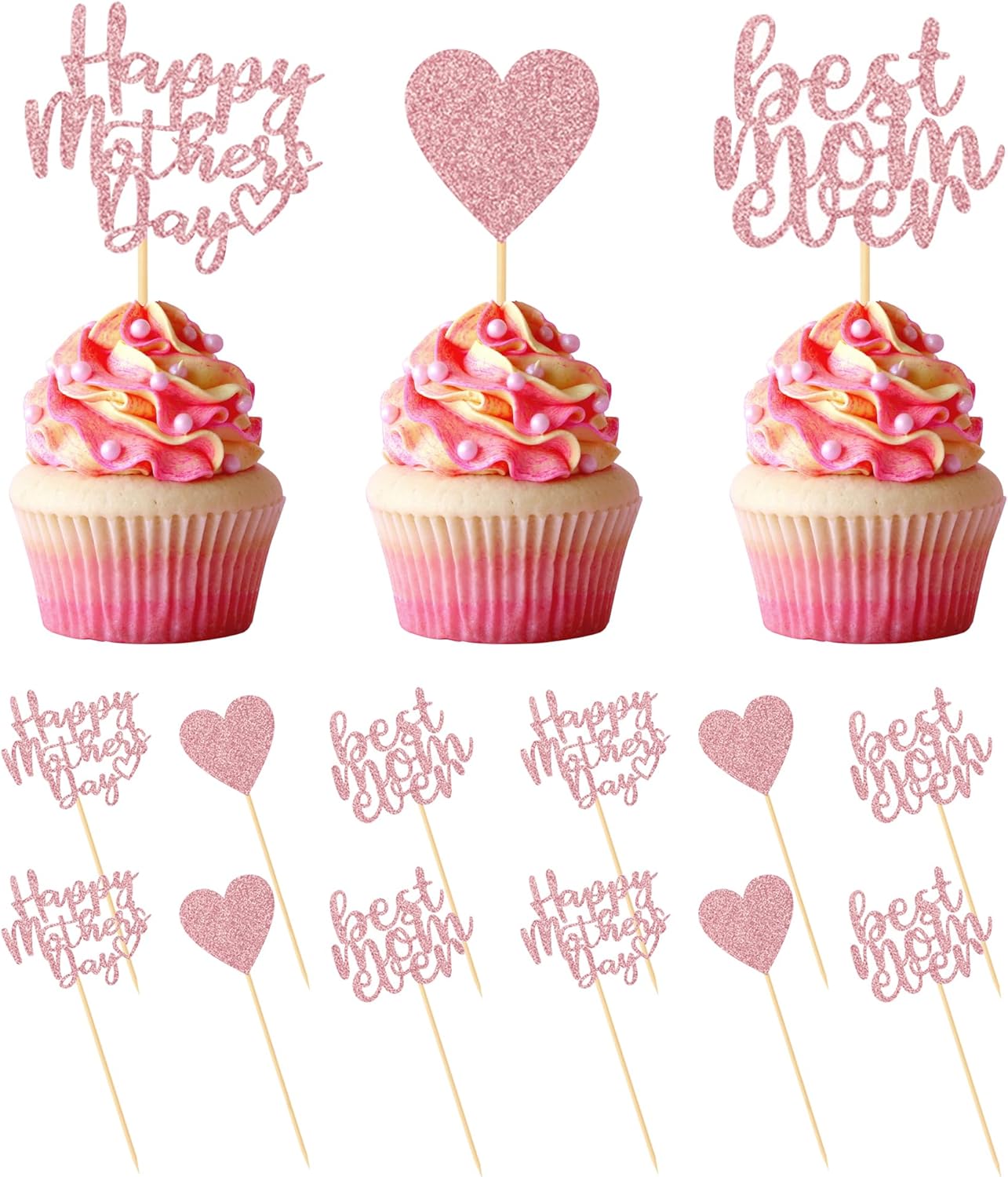 Amazon.com: 24 Pack Pink Glitter Happy Mothers Day Cupcake Toppers Best ...