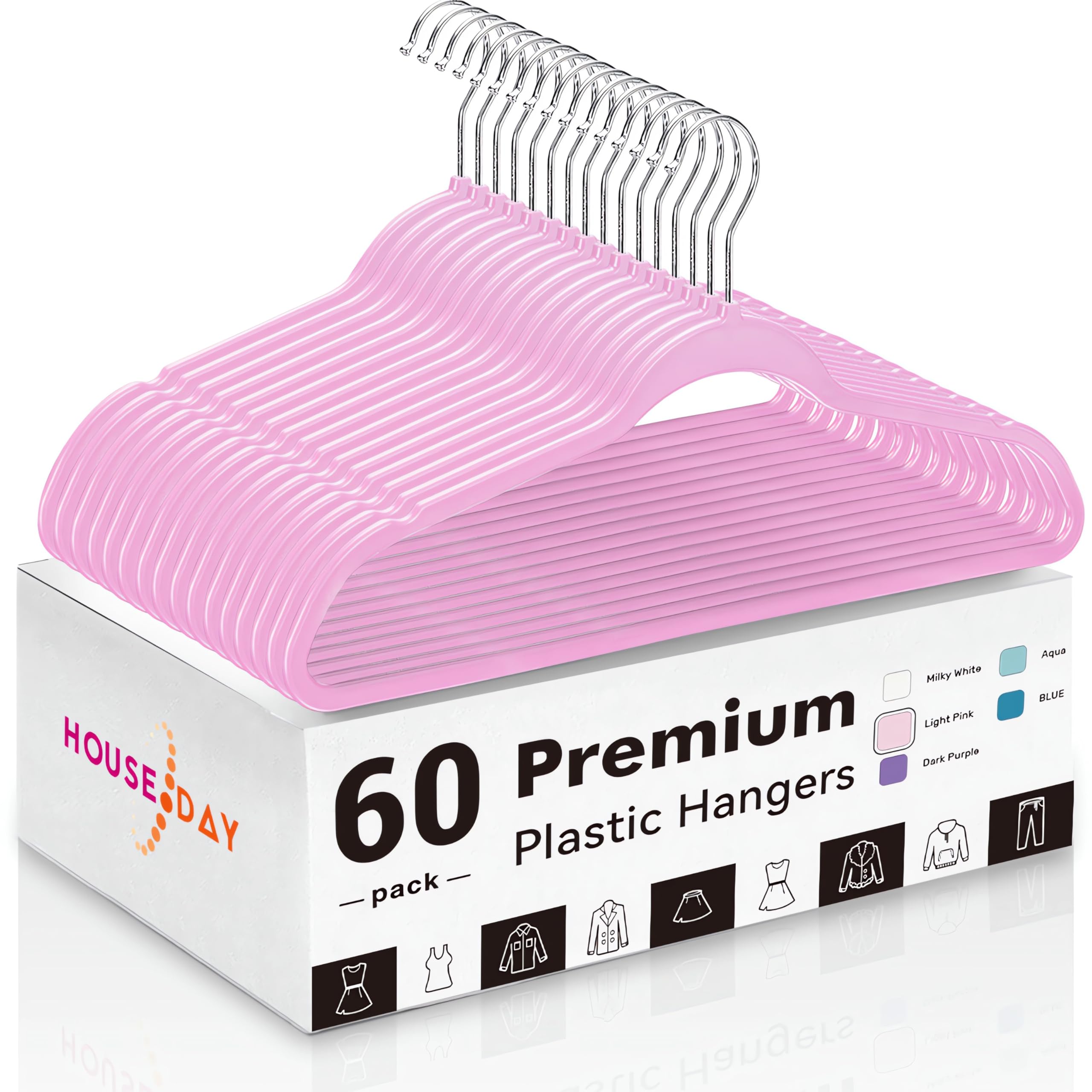 HOUSE DAY 60 Pack Plastic Hangers, Pink Hangers Extra Wide with 360 ...