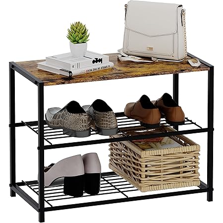 Gadroad 3-Tier Shoe Rack,Black Metal Shoe Rack with Wooden Top Board ...
