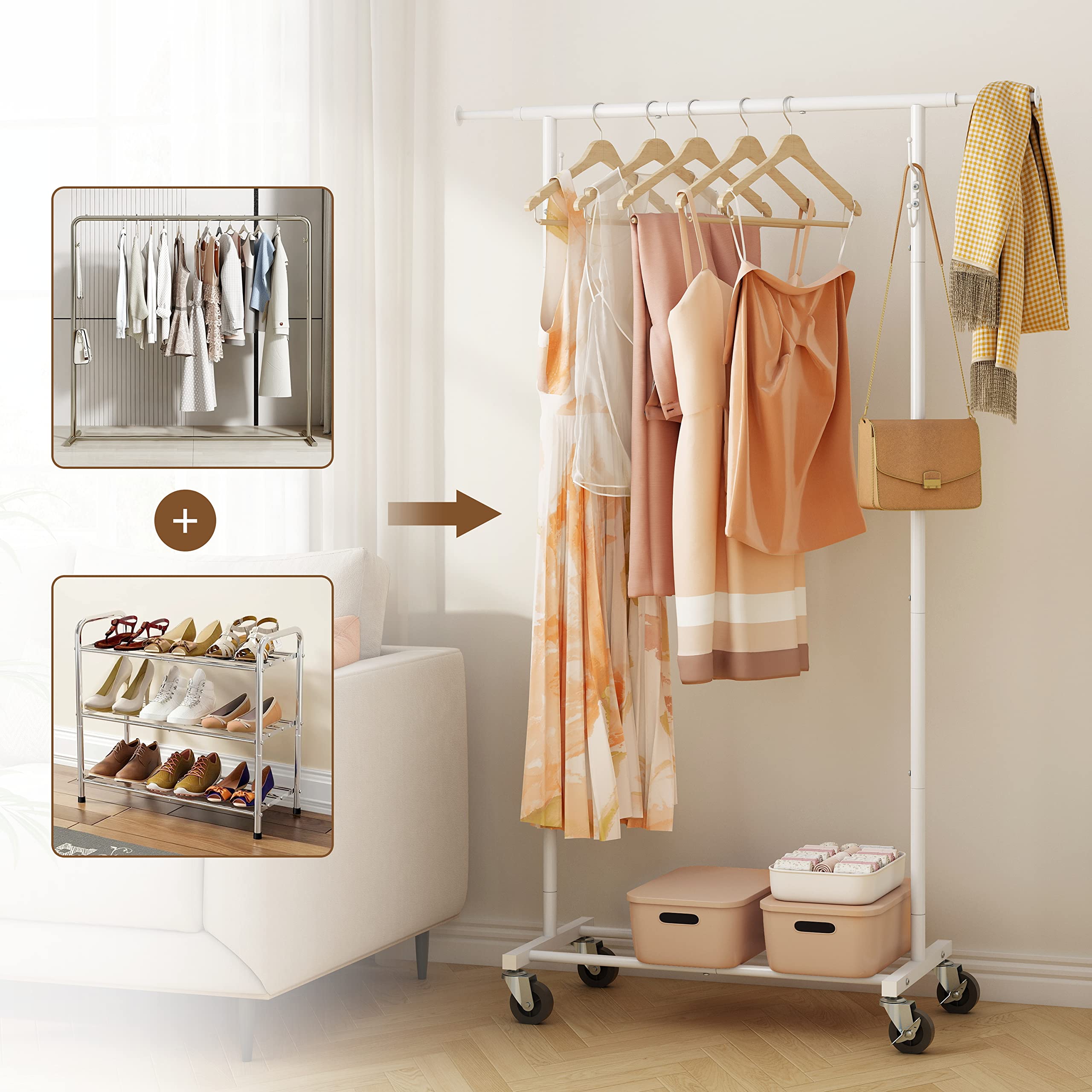Snapklik.com : Gewudraw White Rolling Garment Rack, Portable Double Rod ...