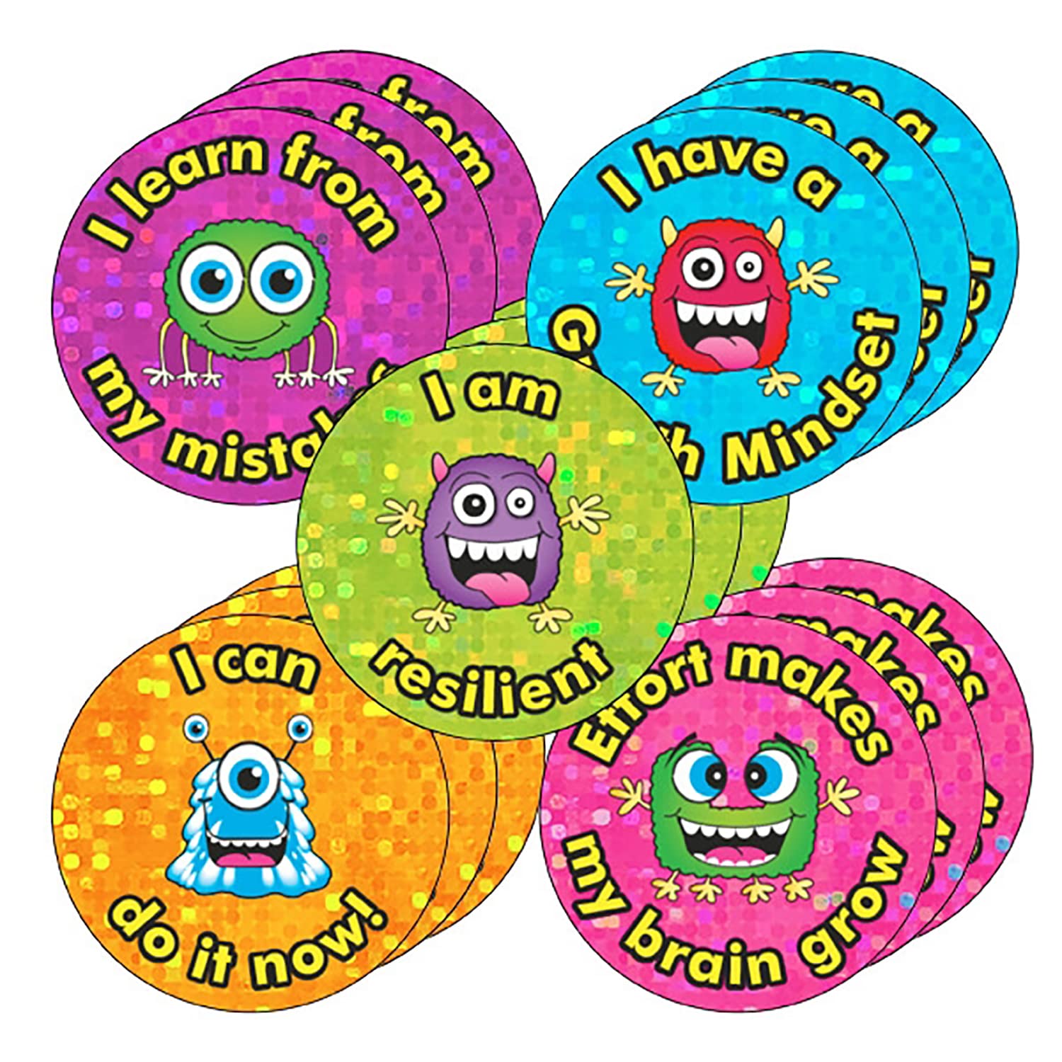 300 Holographic Sparkly Growth Mindset Monsters Motivational Childrens ...