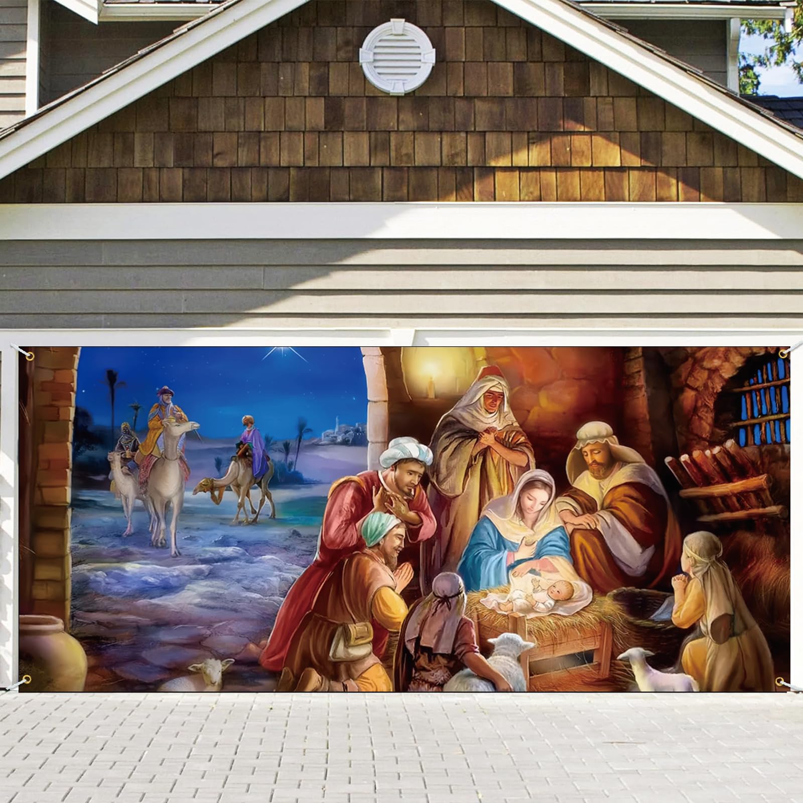 Amazon.com: Nativity Scene Christmas Garage Door Banner 16 x 7 ft ...