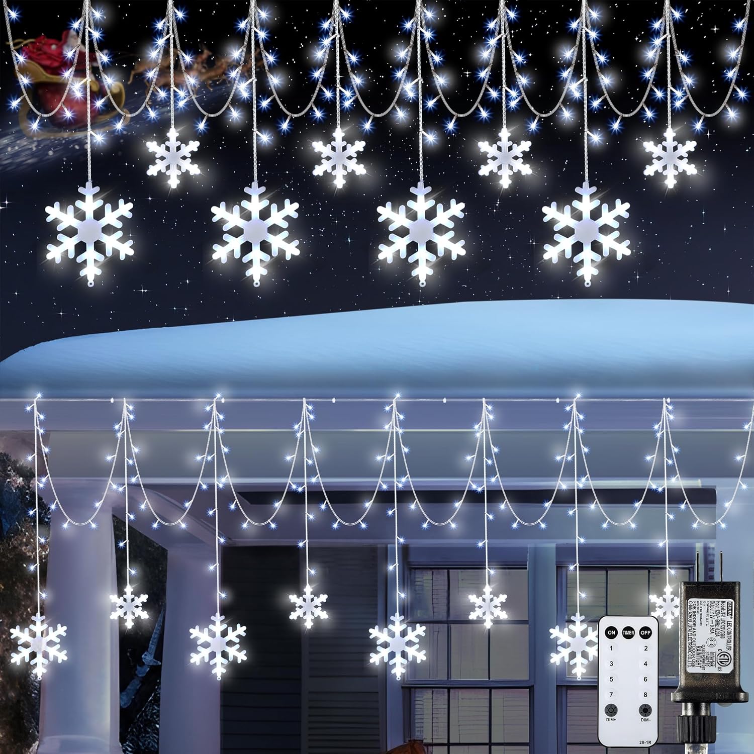 Enhon Christmas Snowflake Lights Outdoor, 25.6 Ft 333 LED Snowflake ...