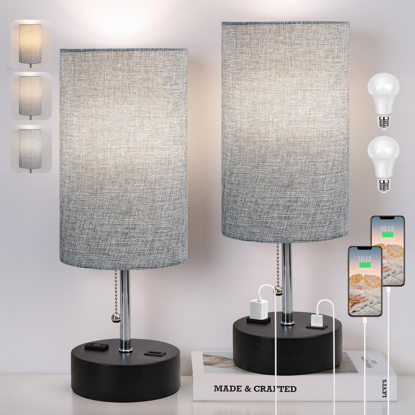 3-Color Temperature Bedside Lamp, Nightstand Lamp with USB Port and AC ...