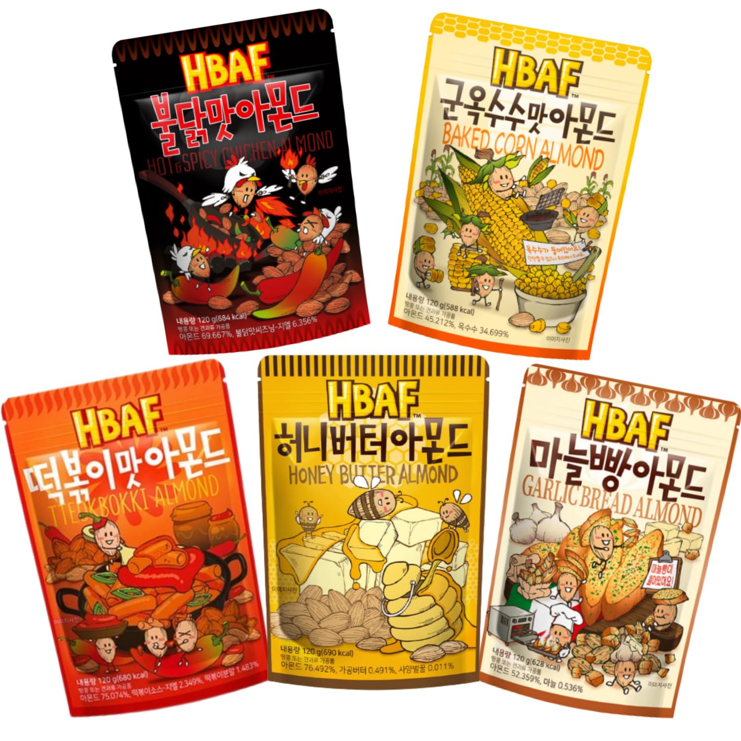 Amazon.com : [Official Gilim HBAF] 5 Flavors Almonds Tteokbokki 120g, Garlic Bread 120g, Honey ...