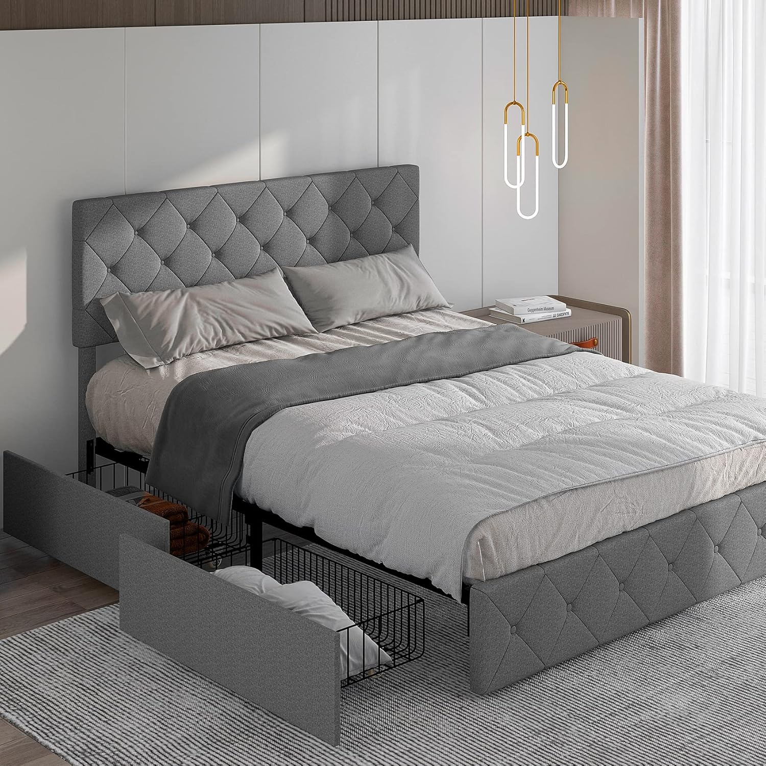 Amazon.com: Queen Bed Frame with 4 Drawers and Adjustable Headboard ...