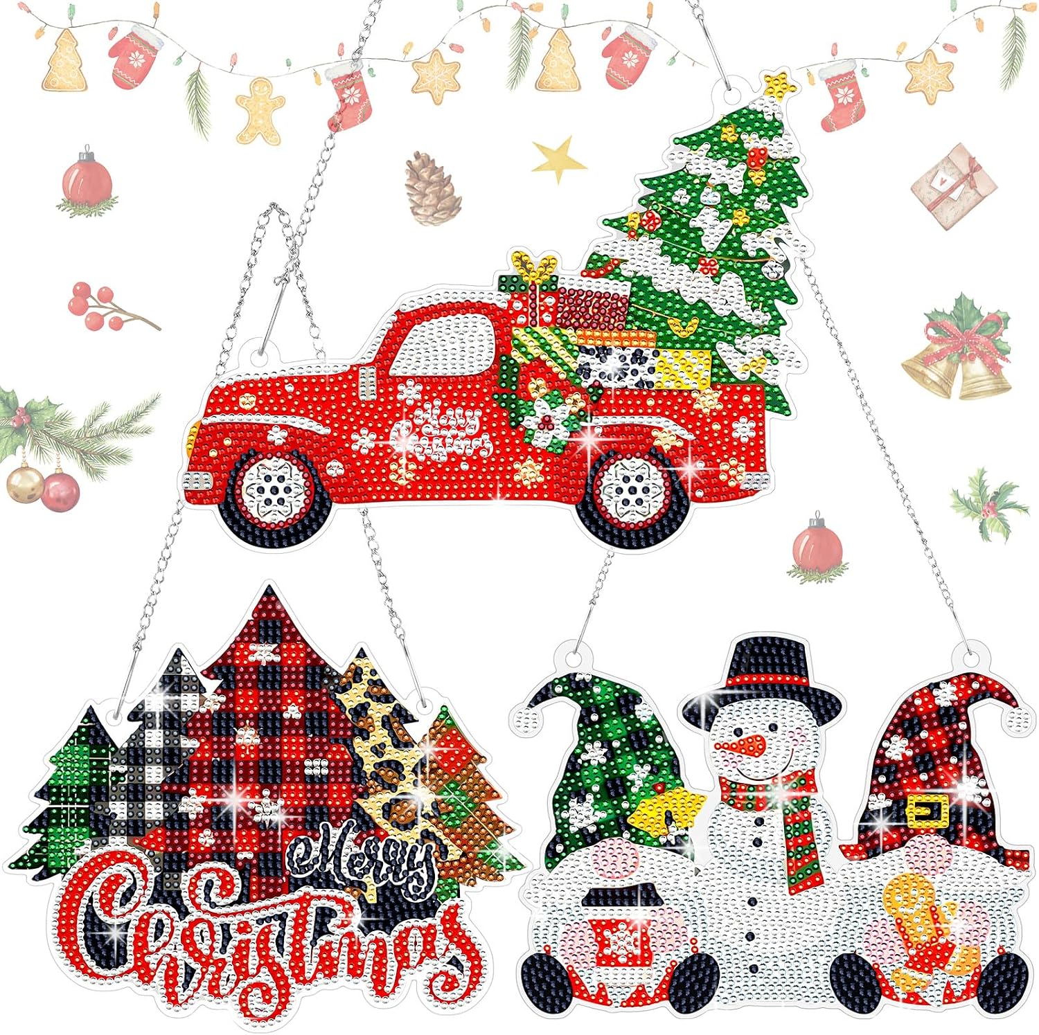 Amazon.com: Cinnvoice 3 Pcs Christmas Diamond Painting Hanging Sign 5D ...