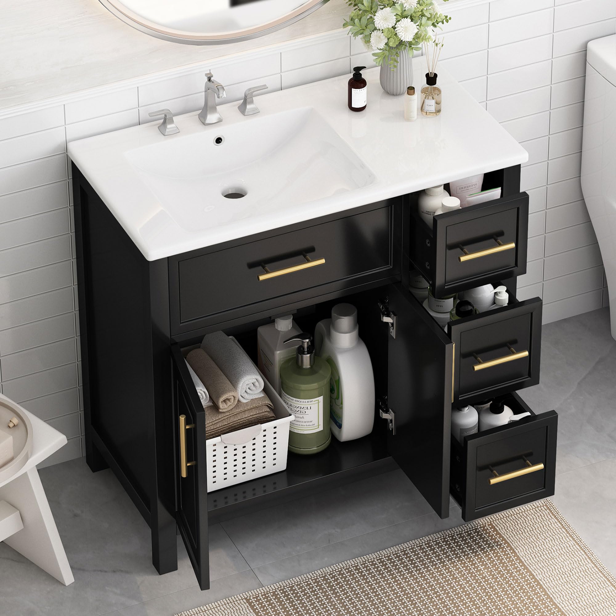 Amazon.com: Merax 36" Bathroom Vanity with Sink, Wood Single Bathroom Sink Cabinet with 3 ...