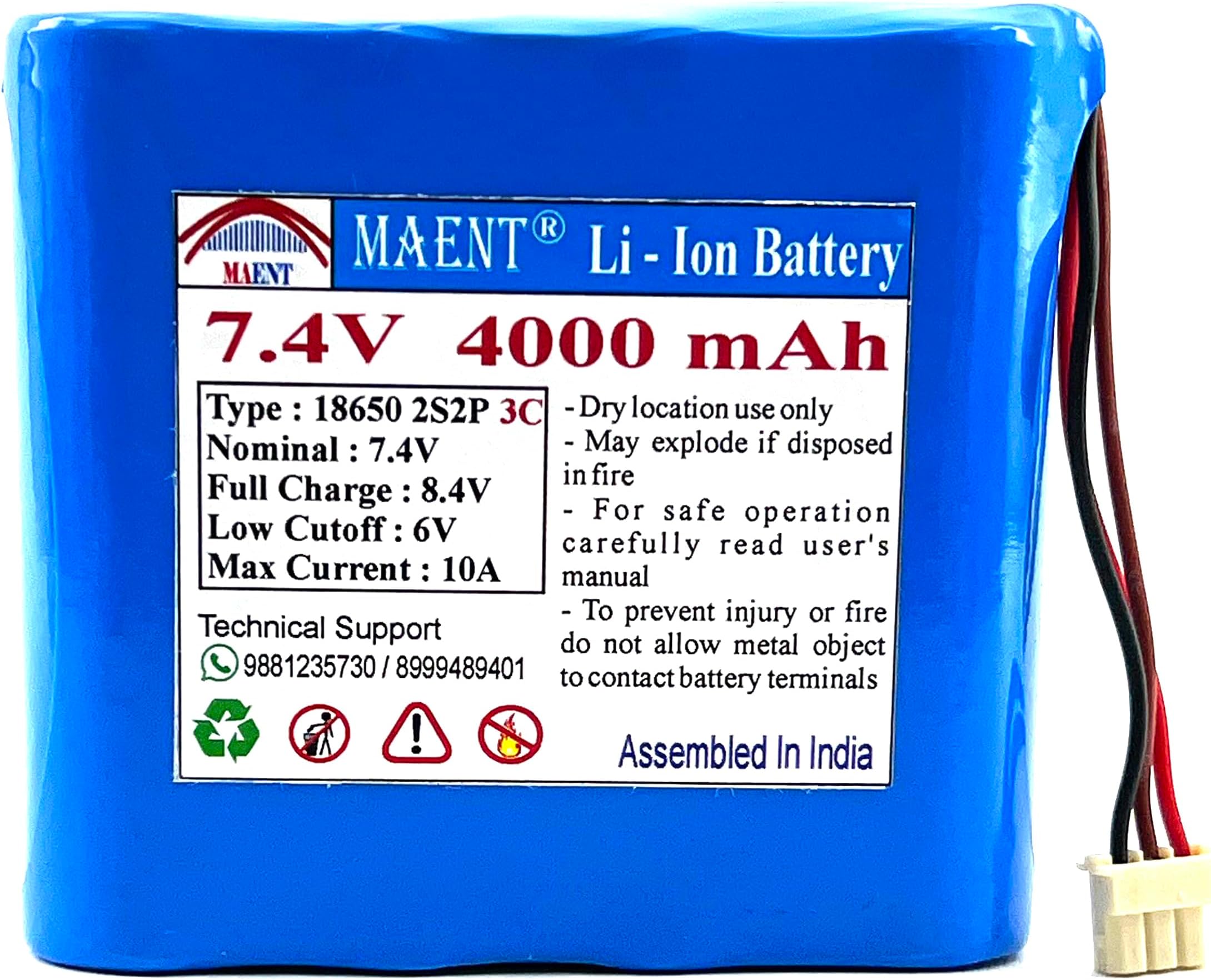 MAENT® 7.4V 18650 Lithium ion Rechargeable Battery 2S2P 2 Wire 5264 POS ...