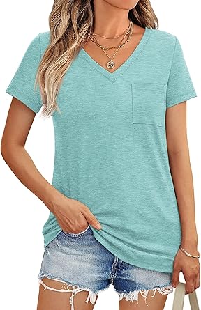 AUTOMET Womens T Shirts Short Sleeve V Neck Tops with Pockets Summer ...