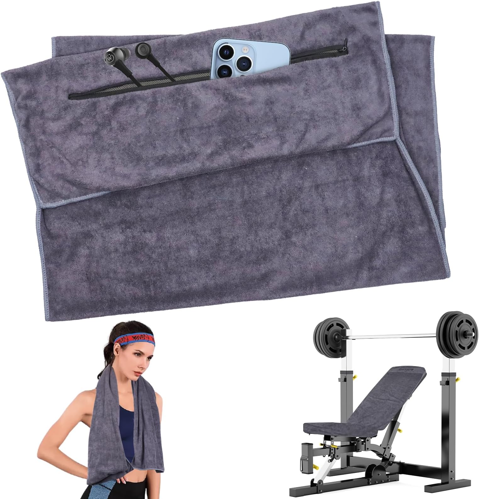 DUNSOO Fitness Towel, 120 x 50 cm, Microfibre Sports Towel with Zip ...