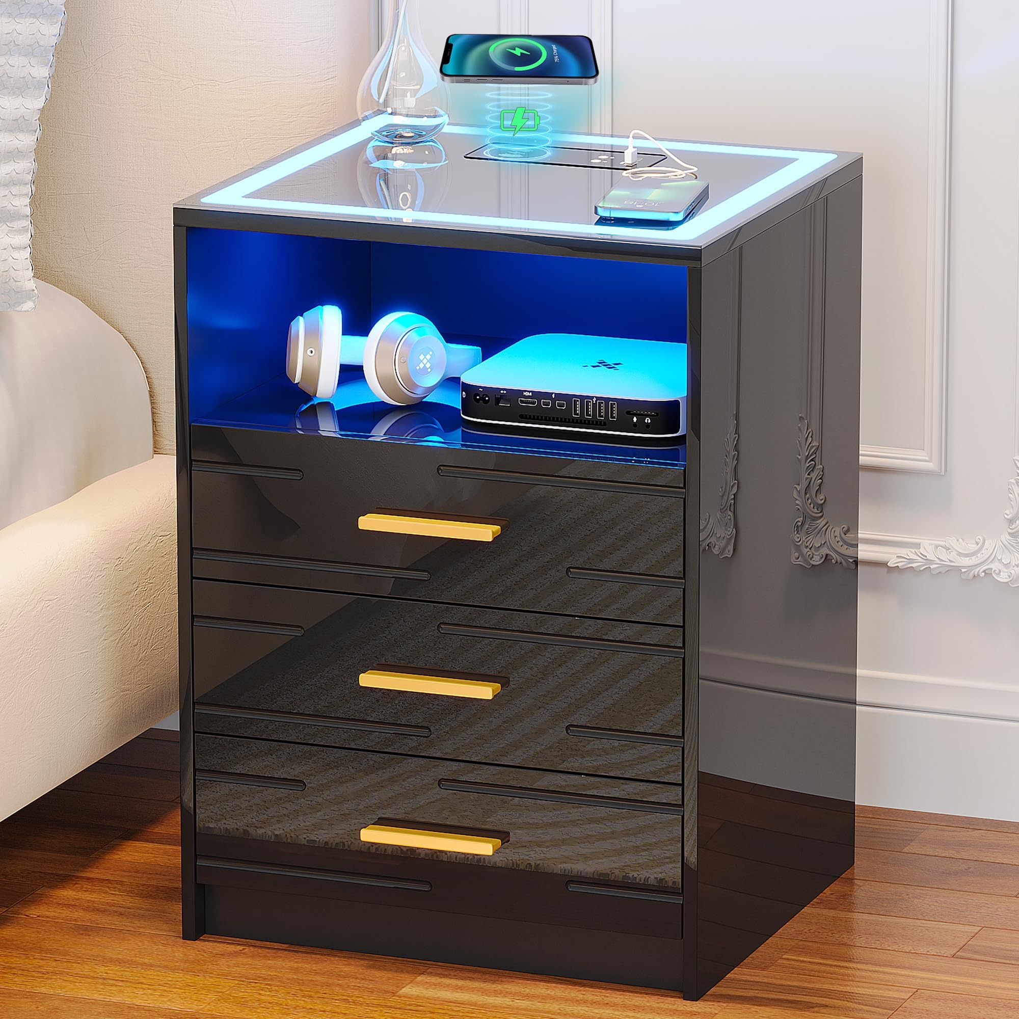 Figbird Black LED Bedside Table with Wireless Charging Station, Modern ...