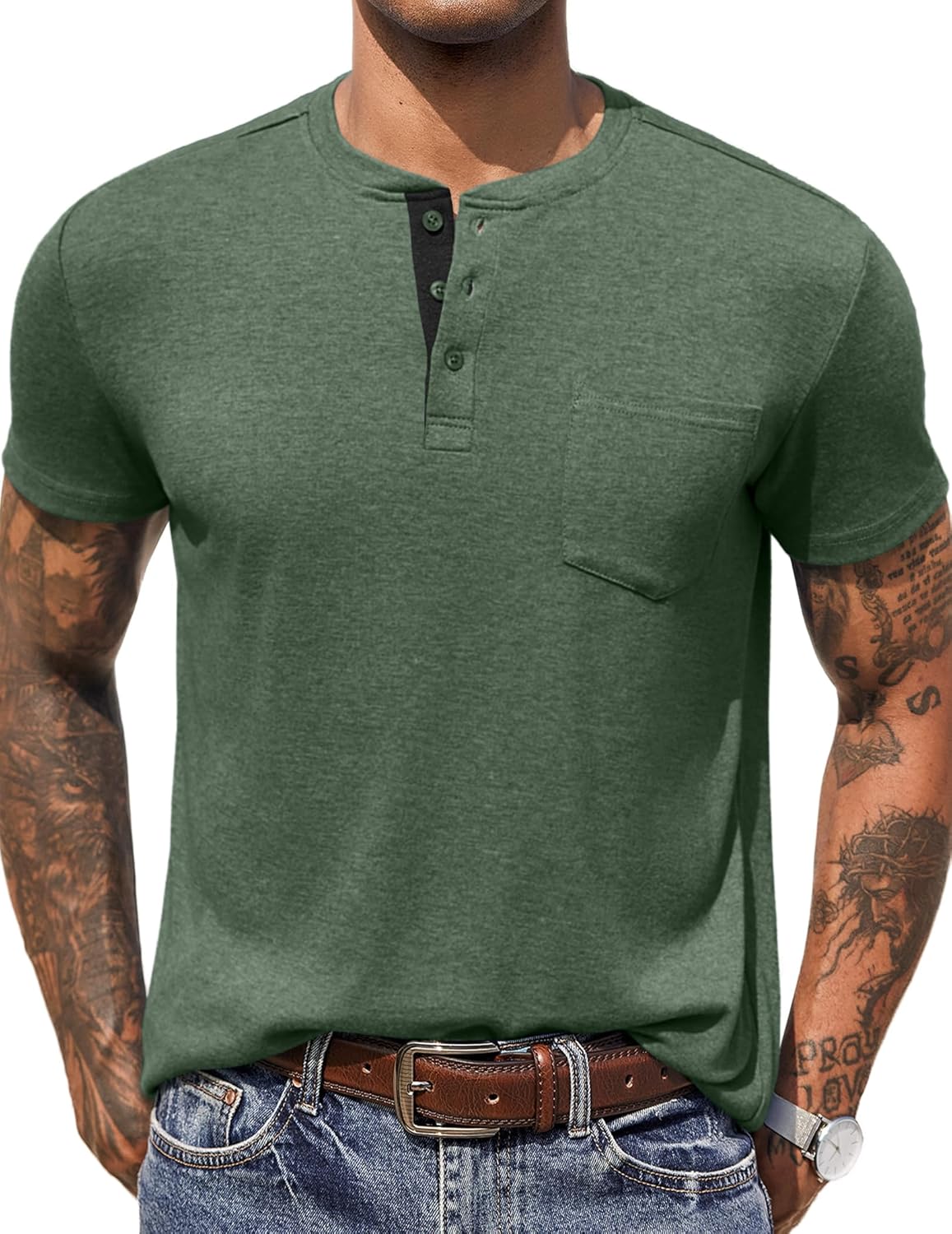 COOFANDY Men's Henley Shirts Short Sleeve Casual Basic Summer Solid T Shirts Army Green | Amazon.com