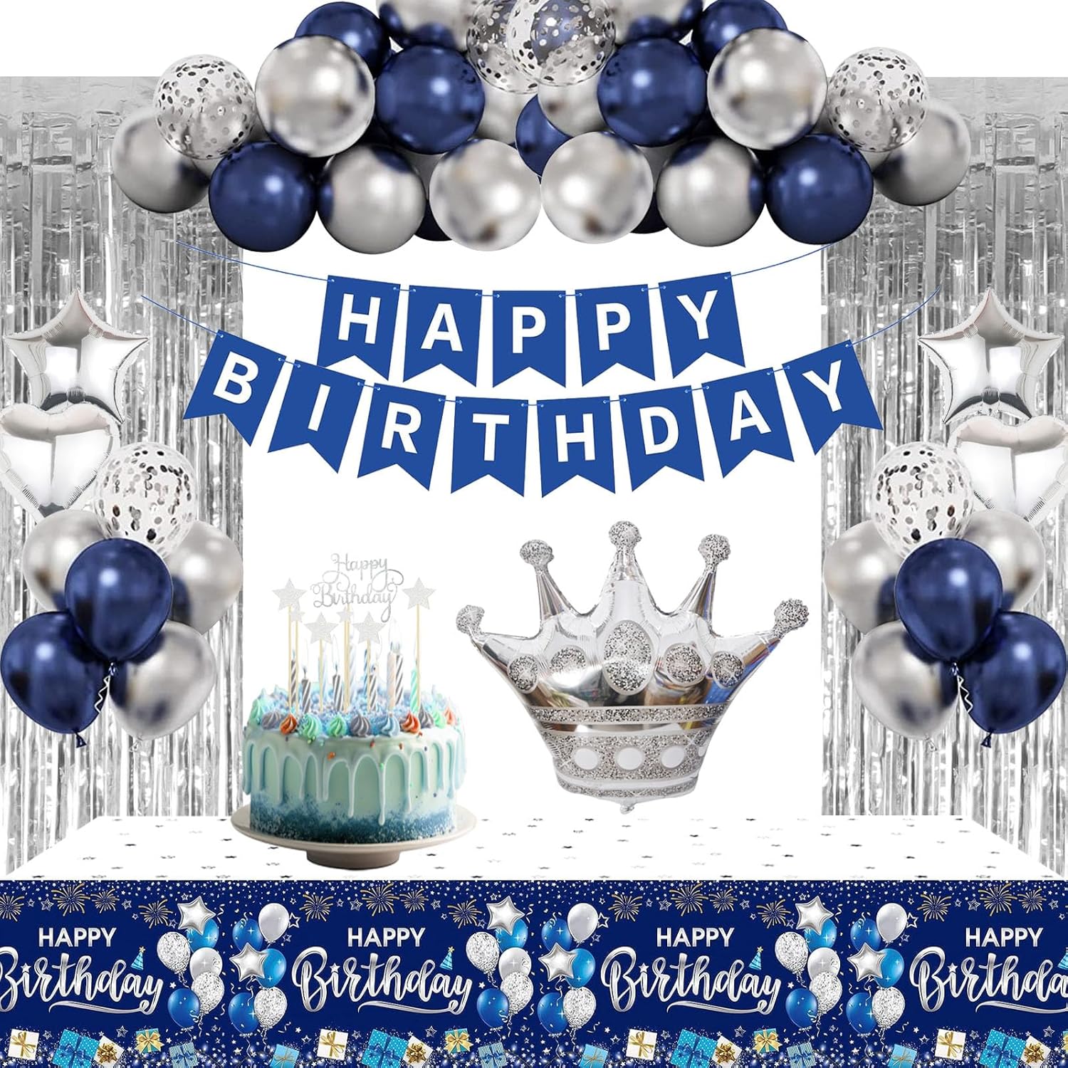 Amazon.com: Blue Silver Birthday Party Decorations, Happy Birthday ...