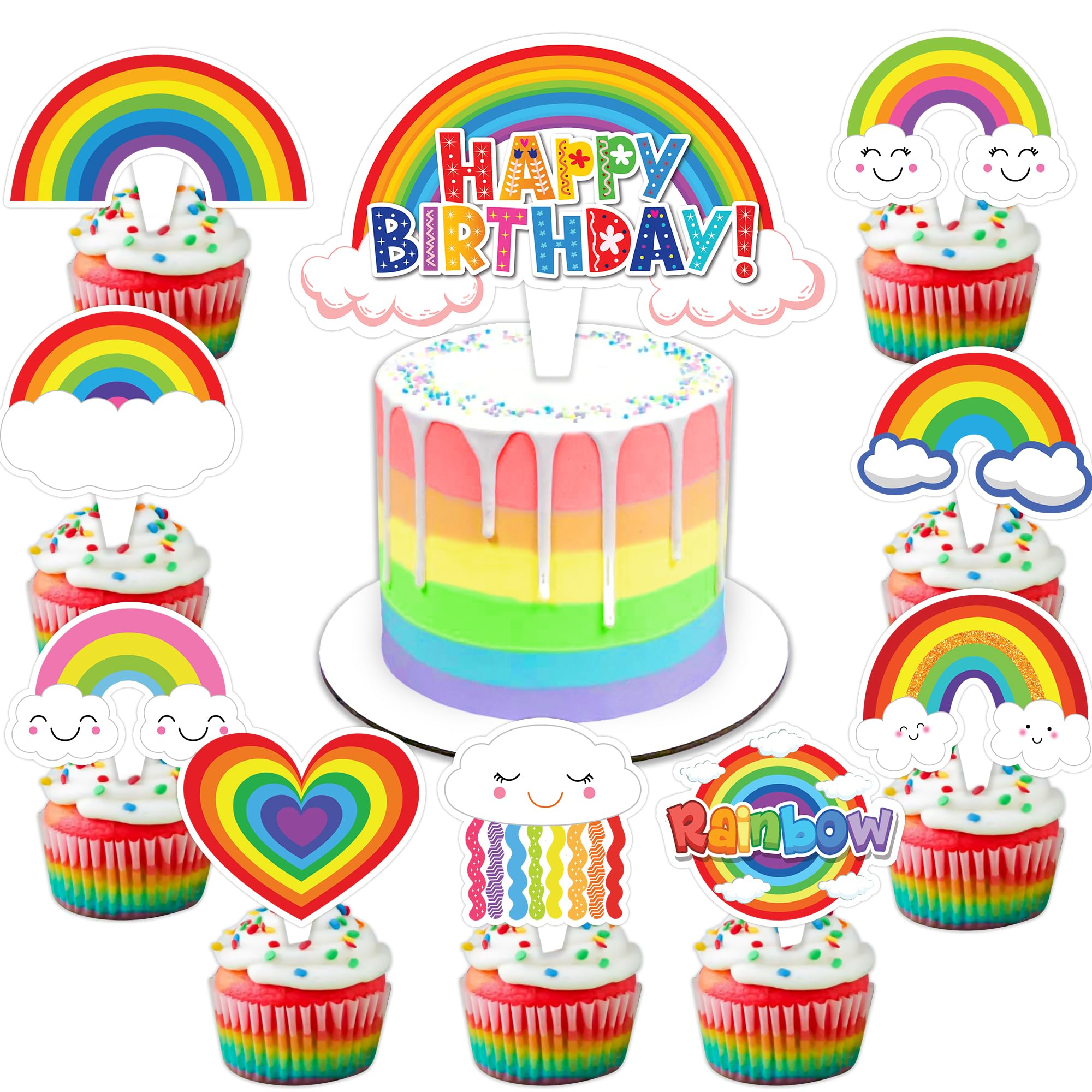 Amazon.com: Rainbow Cake Topper Picks, 25 PCS Rainbow Colorful Cupcake ...