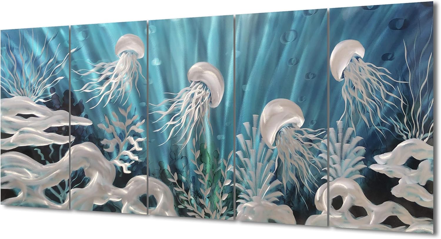 Amazon.com: Yihui Arts Blue Deep Sea Metal Wall Art, Large Jellyfish ...