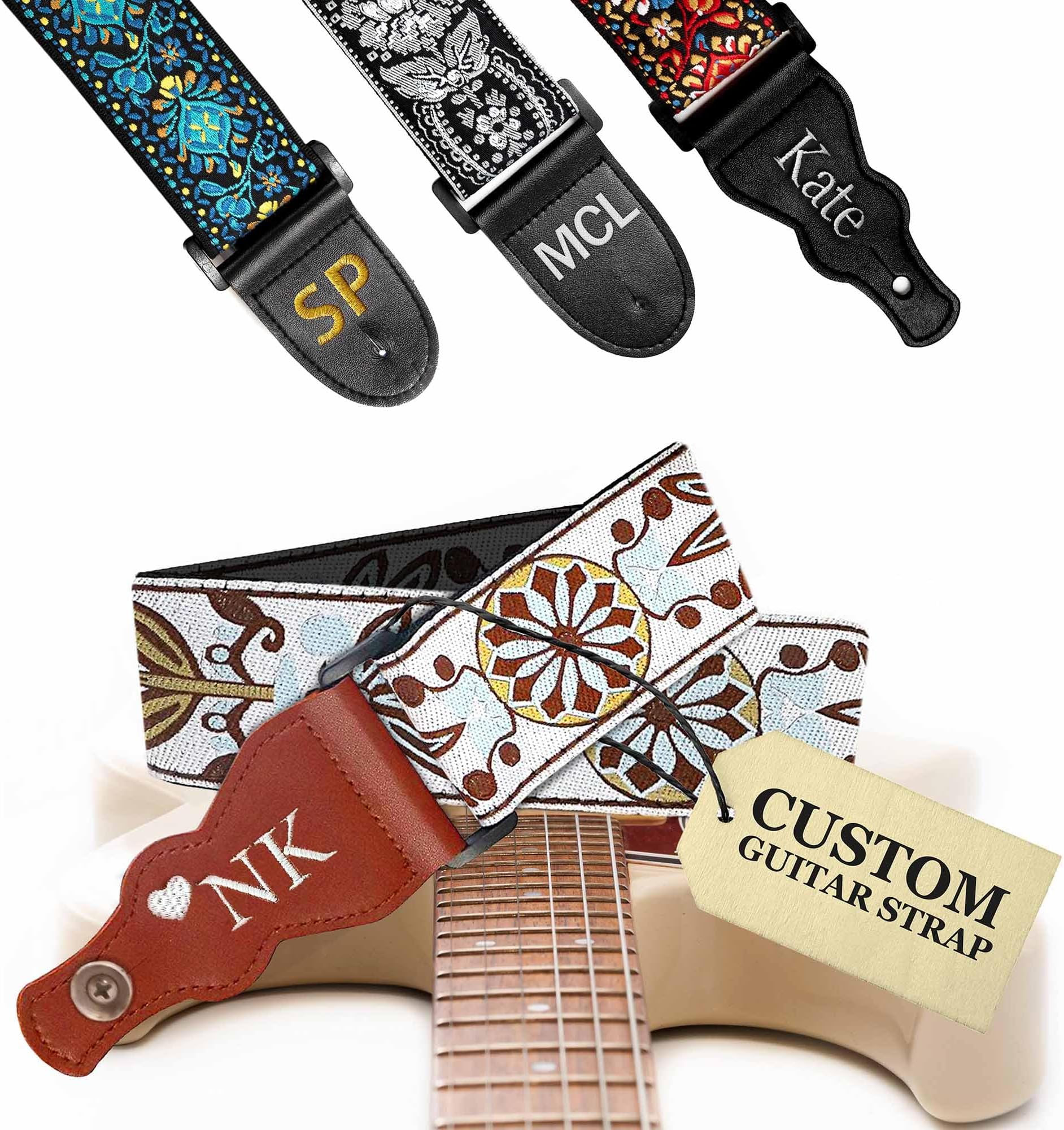 Amazon.com: Personalized Guitar Strap White Vintage, including - 2 ...